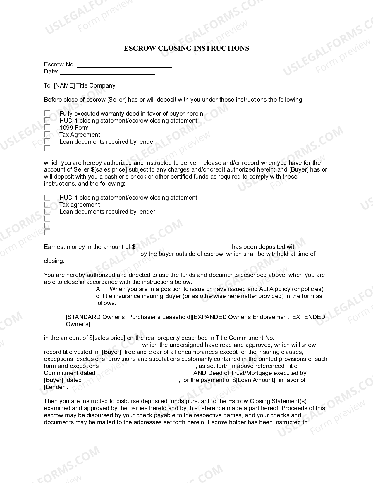 Escrow Closing Instructions | US Legal Forms