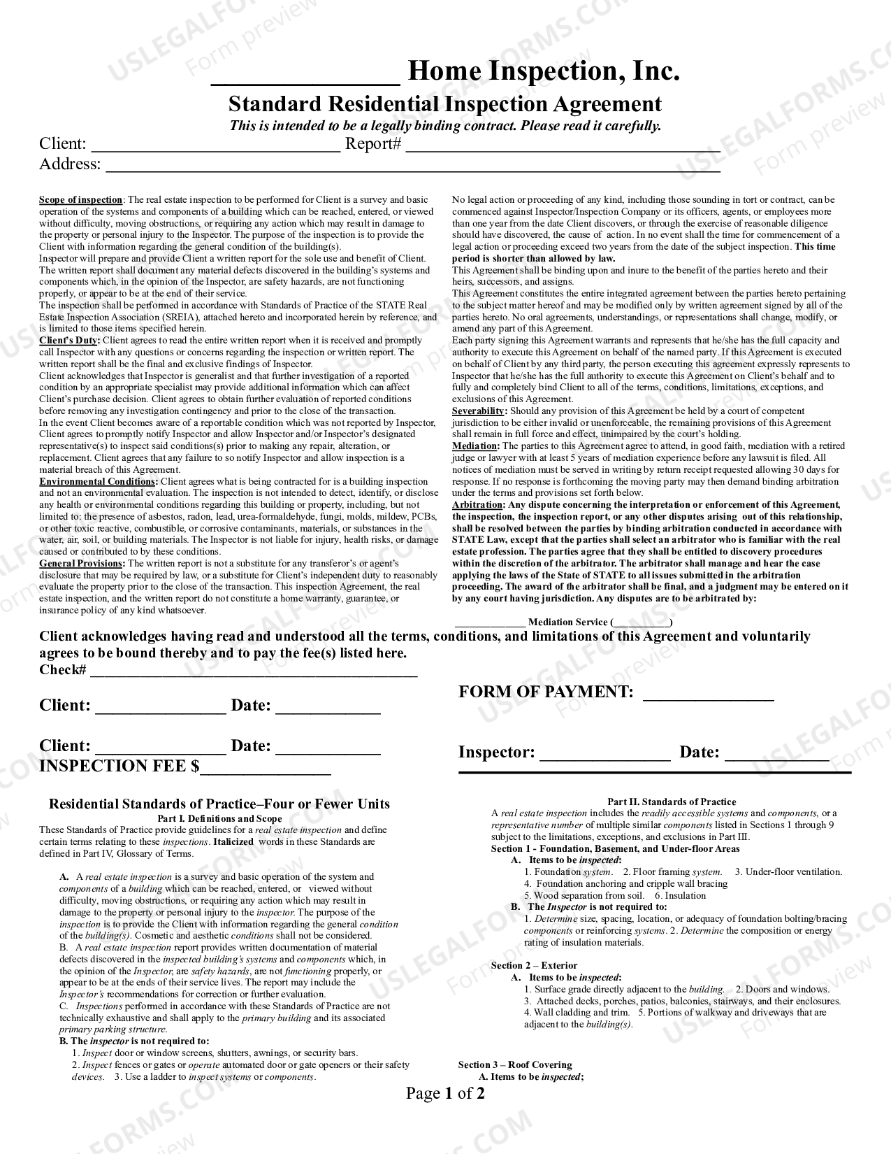 Standard Residential Inspection Agreement | US Legal Forms
