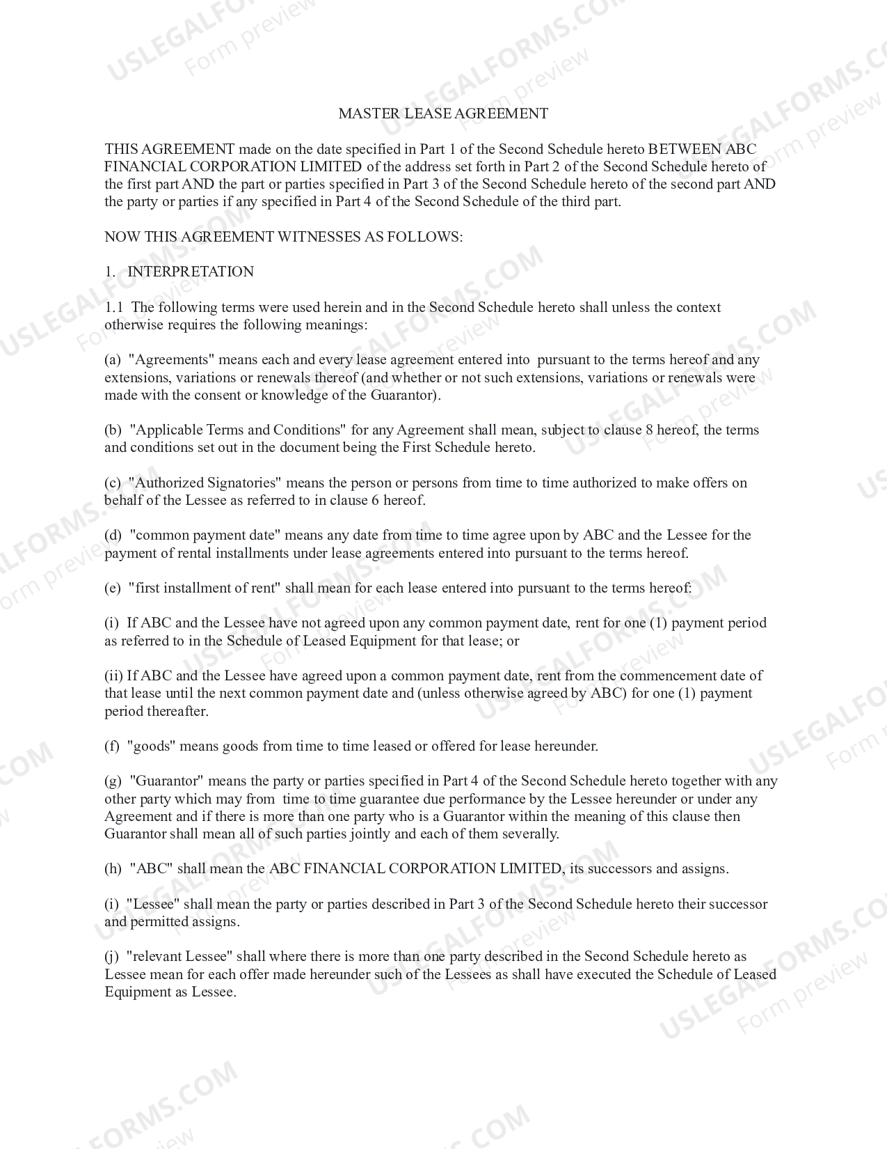 Master Lease Agreement between Corporation and another Party | US Legal ...