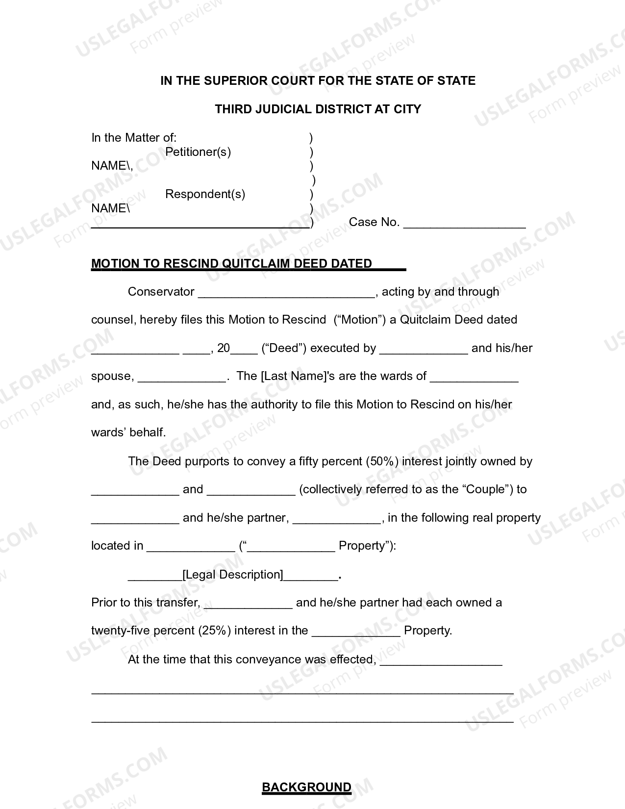 Motion to Rescind Quitclaim Deed Dated on a Specific Date - short form ...