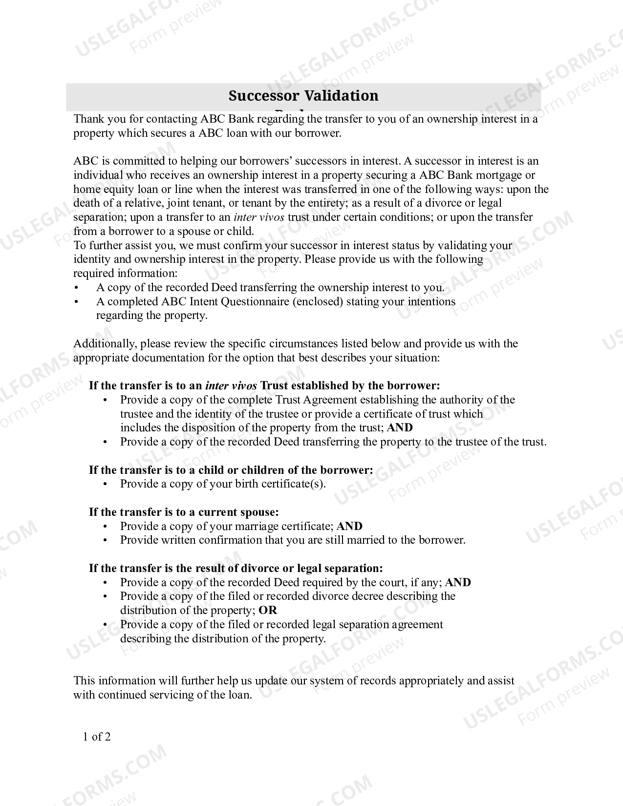 Successor In Interest Intent Questionnaire | US Legal Forms