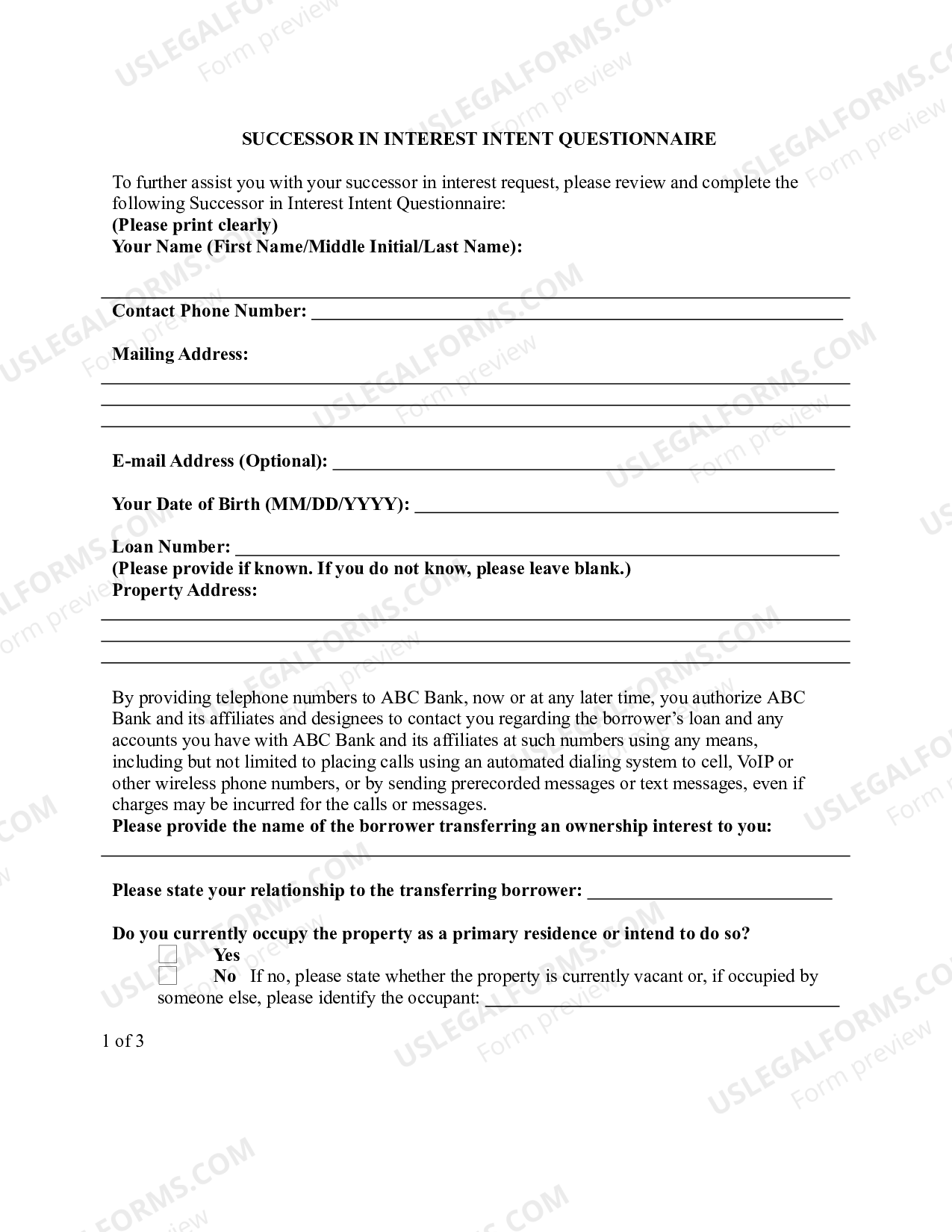 Successor In Interest Intent Questionnaire | US Legal Forms