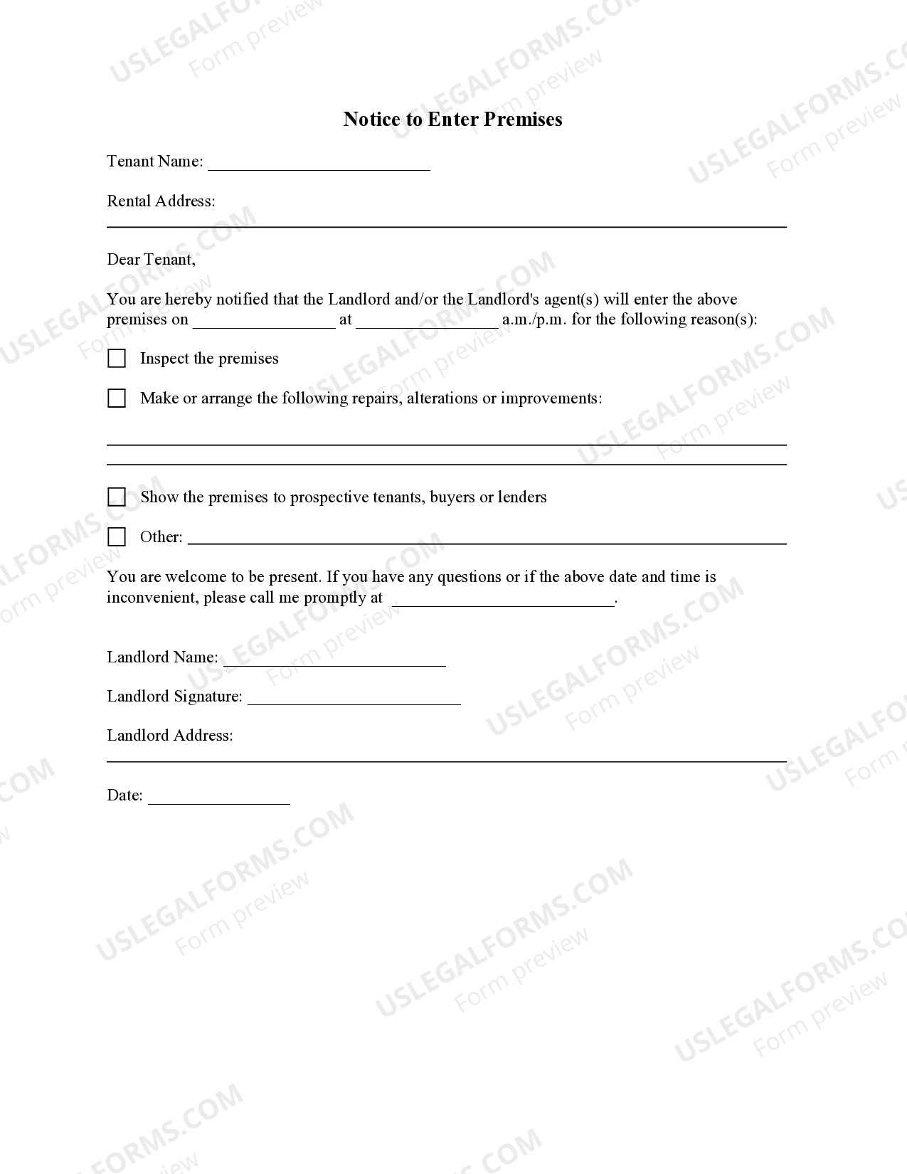 Notice to Enter Premises | US Legal Forms