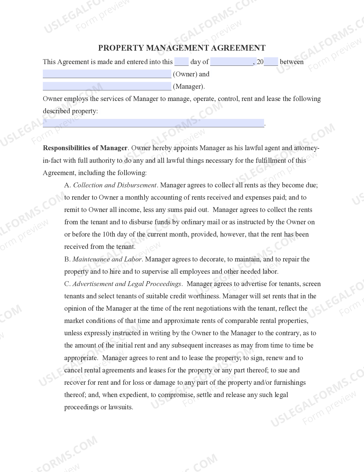 Property Management Agreement to assign Manager | US Legal Forms