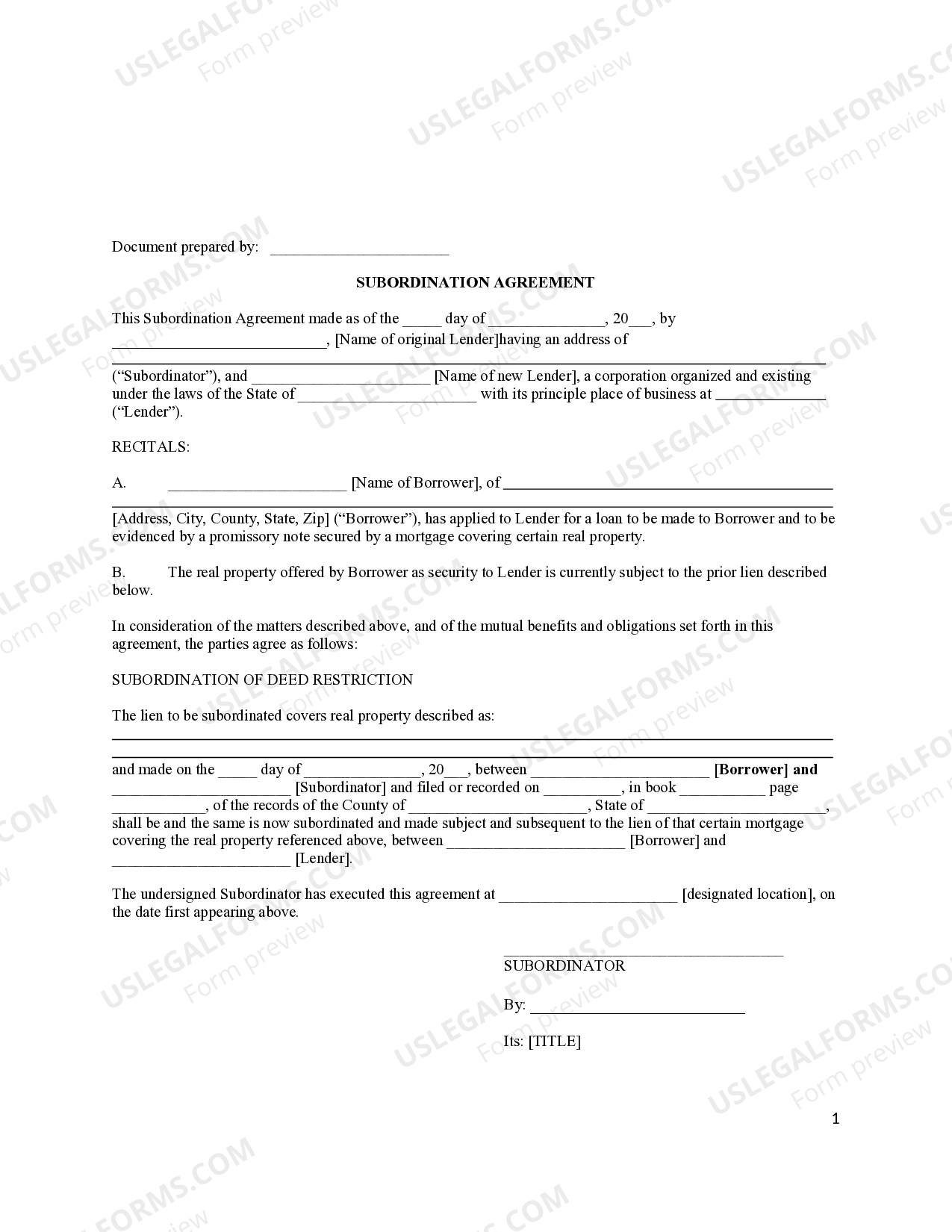 Subordination Agreement | US Legal Forms