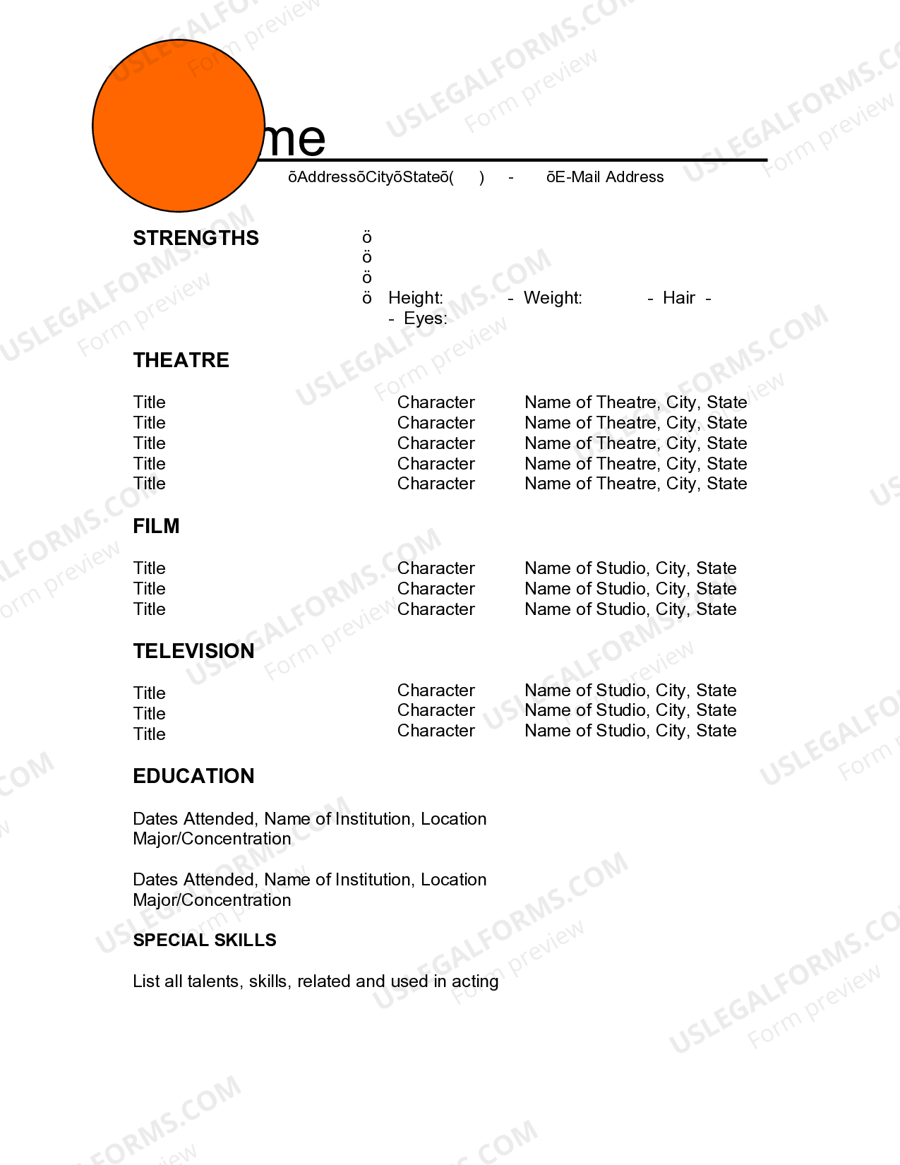 Missouri Resume for Theatrical Actor or Actress | US Legal Forms