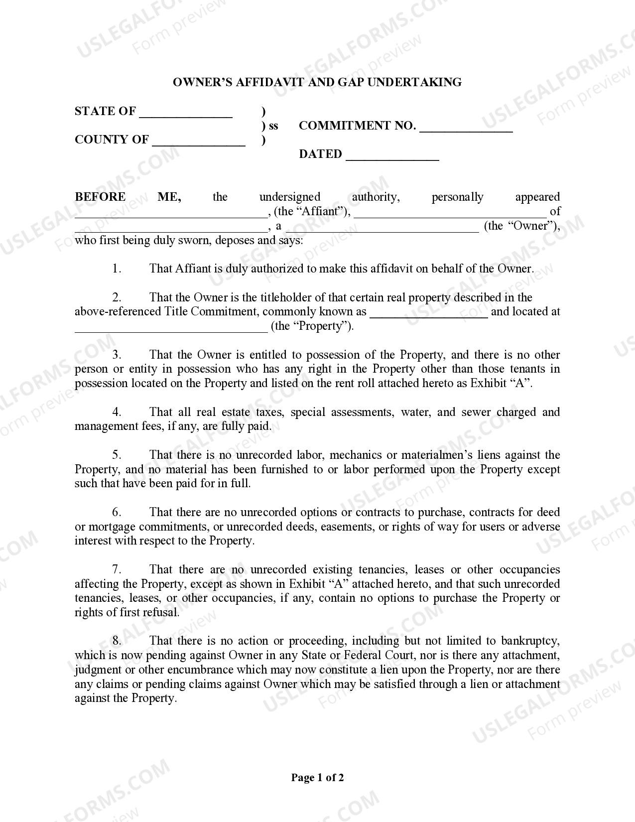 Owner's Affidavit and Gap Undertaking | US Legal Forms