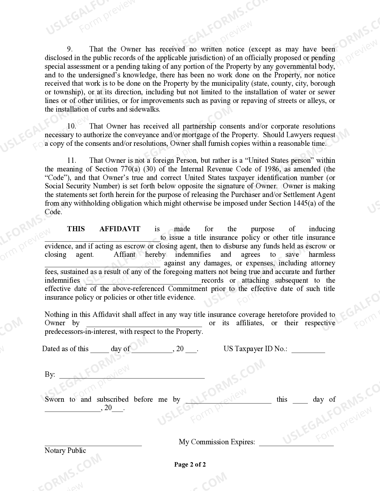 Owner's Affidavit and Gap Undertaking | US Legal Forms