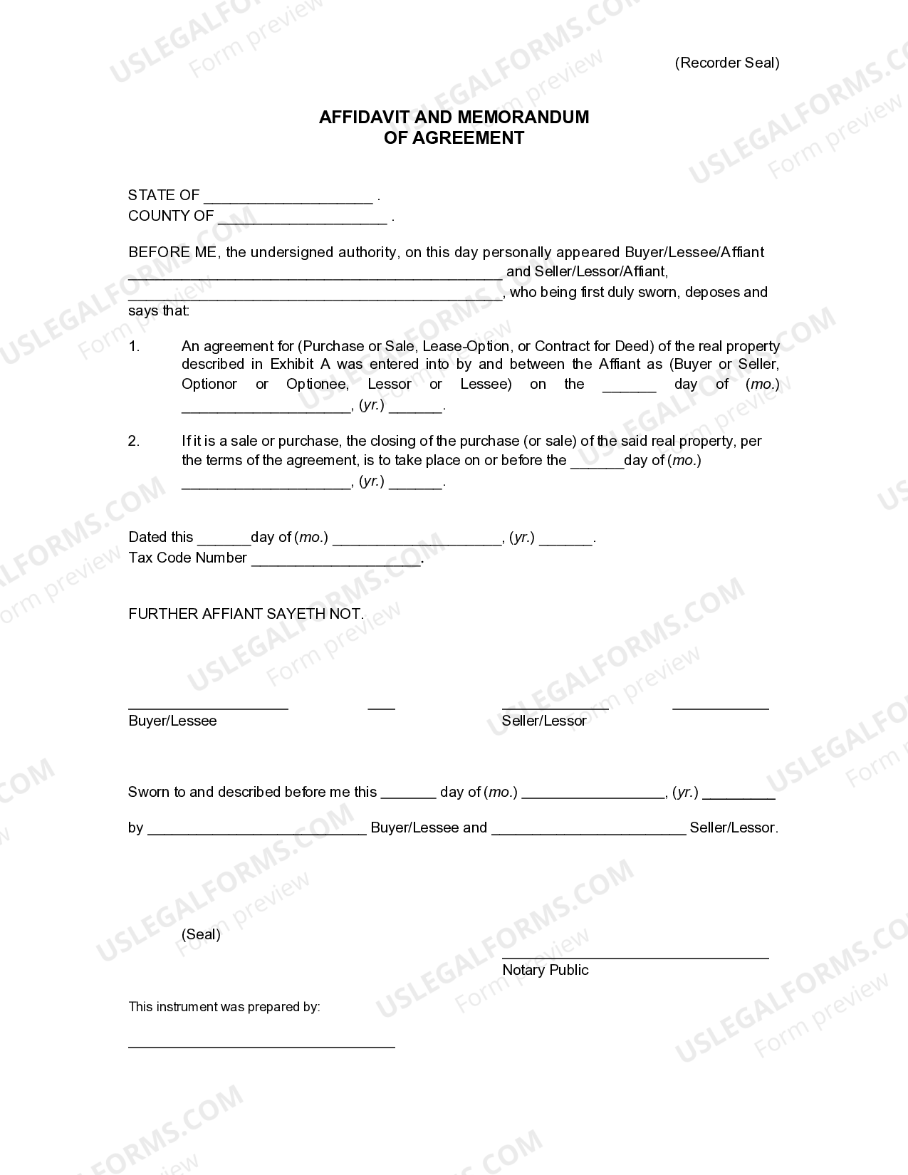 Affidavit and Memorandum of Agreement | US Legal Forms