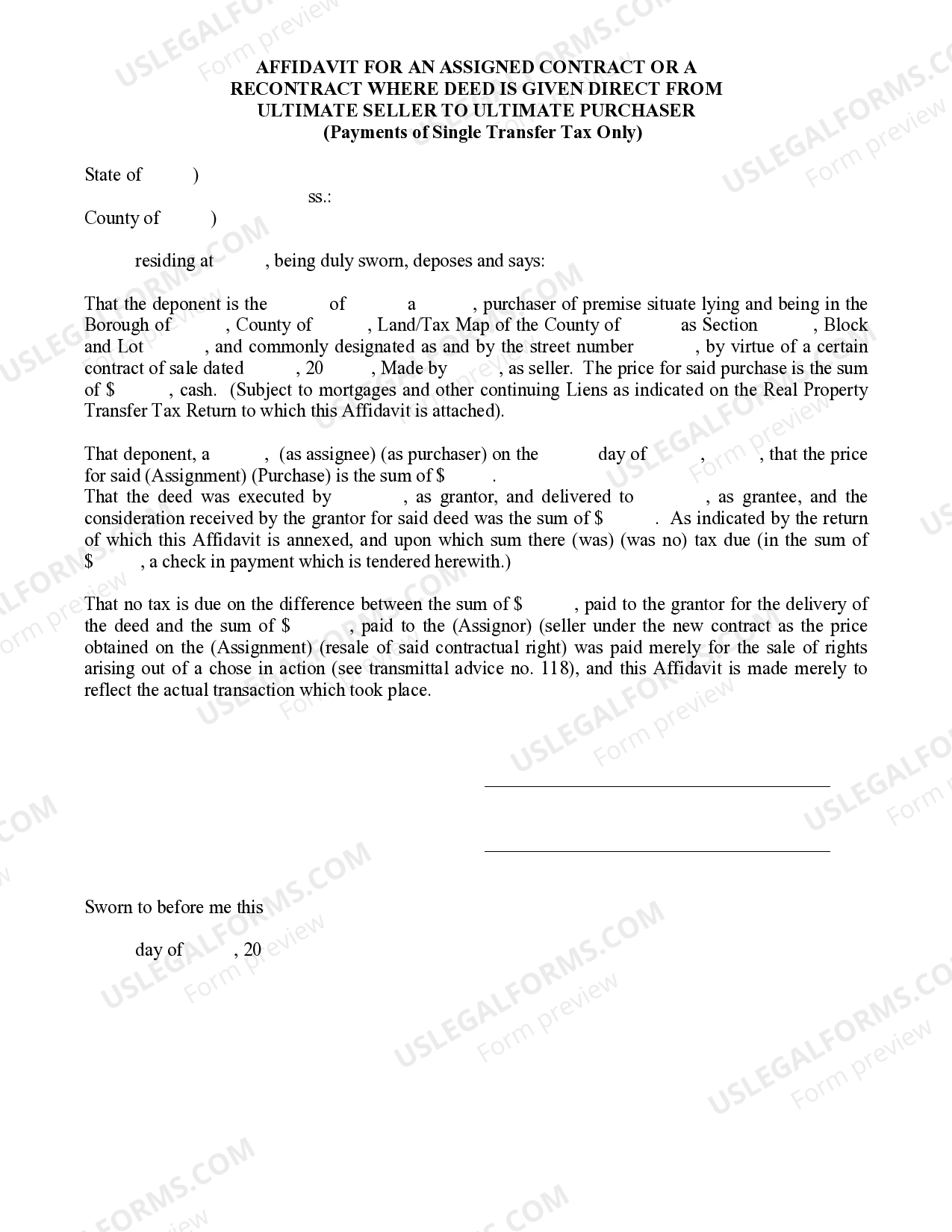 Affidavit for an Assigned Contract or a Recontract where Deed is Given ...