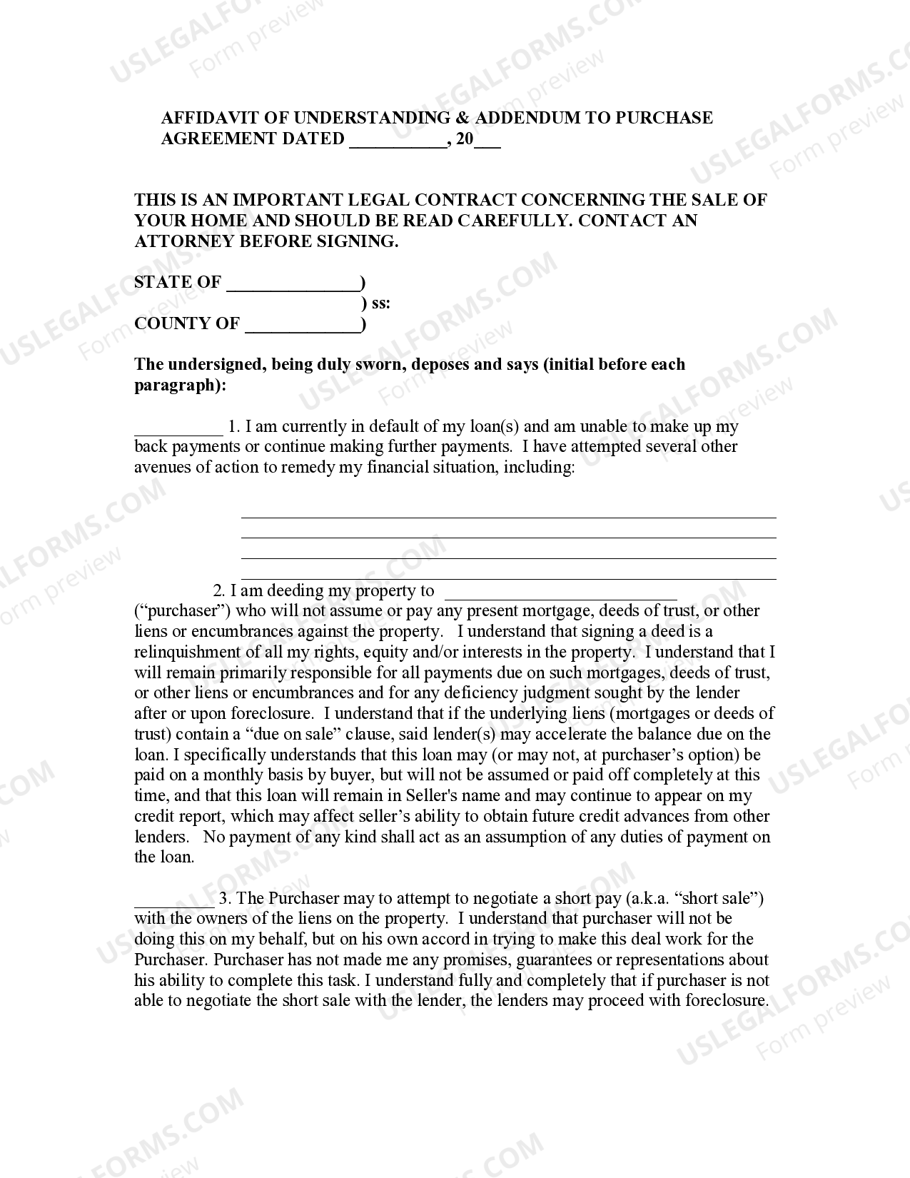 Affidavit of Understanding & Addendum to Purchase Agreement | US Legal ...