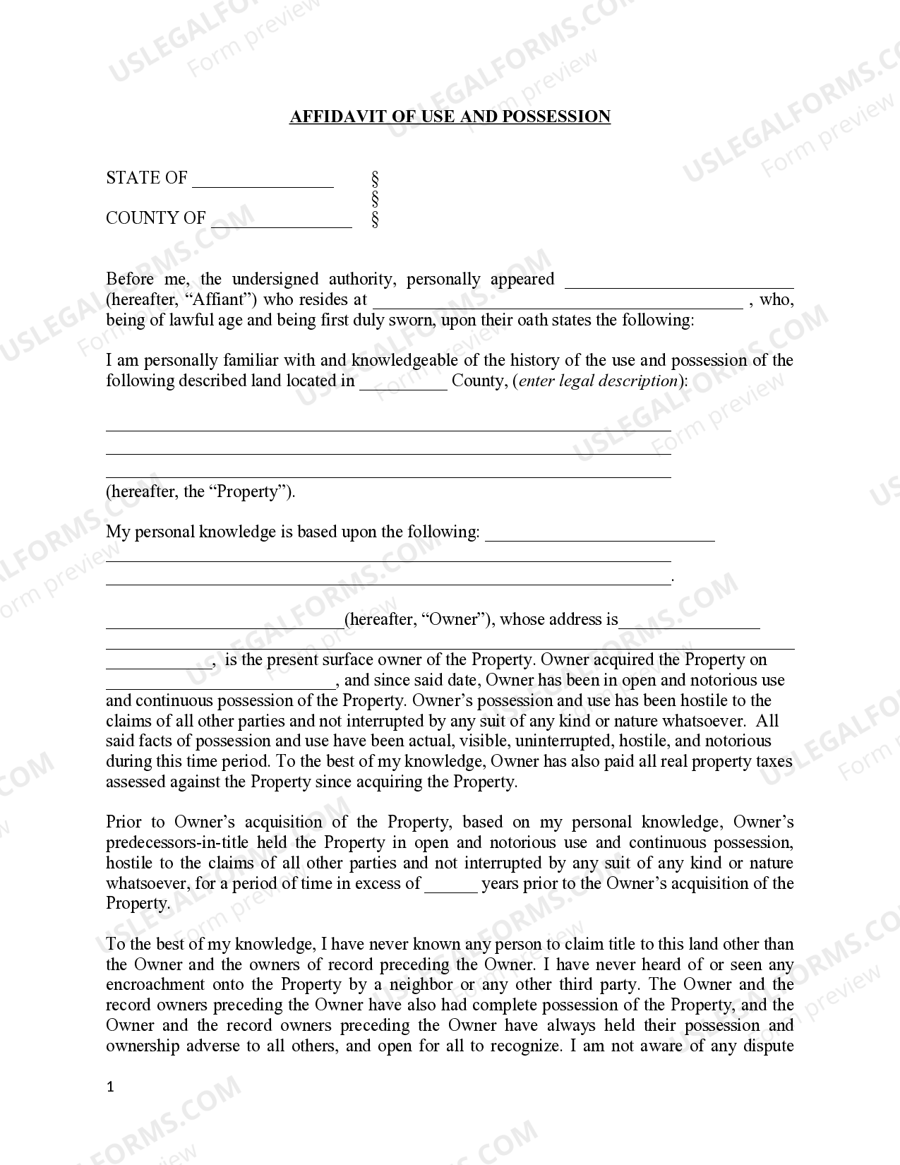 Affidavit of Use and Possession | US Legal Forms