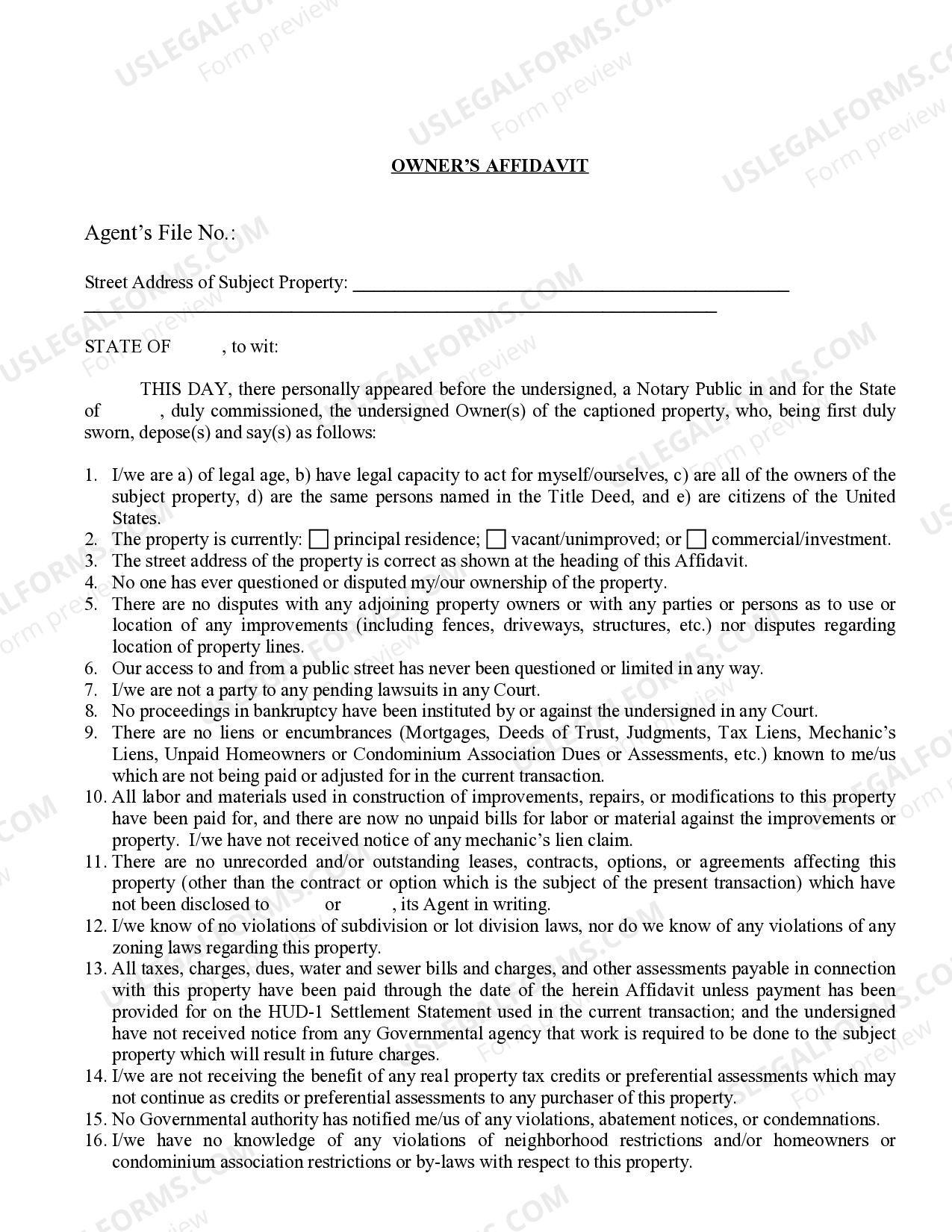 Owner's Affidavit | US Legal Forms