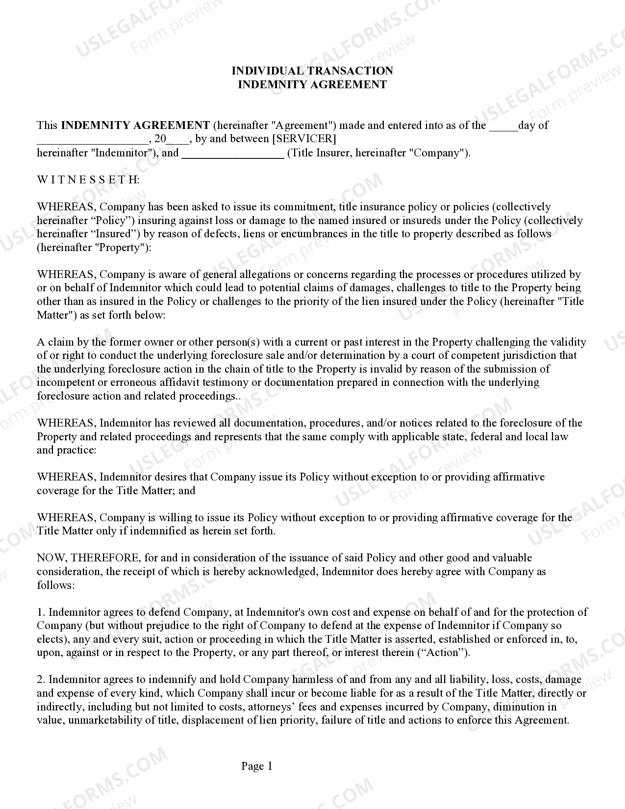 Indivdual Transaction Indemnity Agreement | US Legal Forms