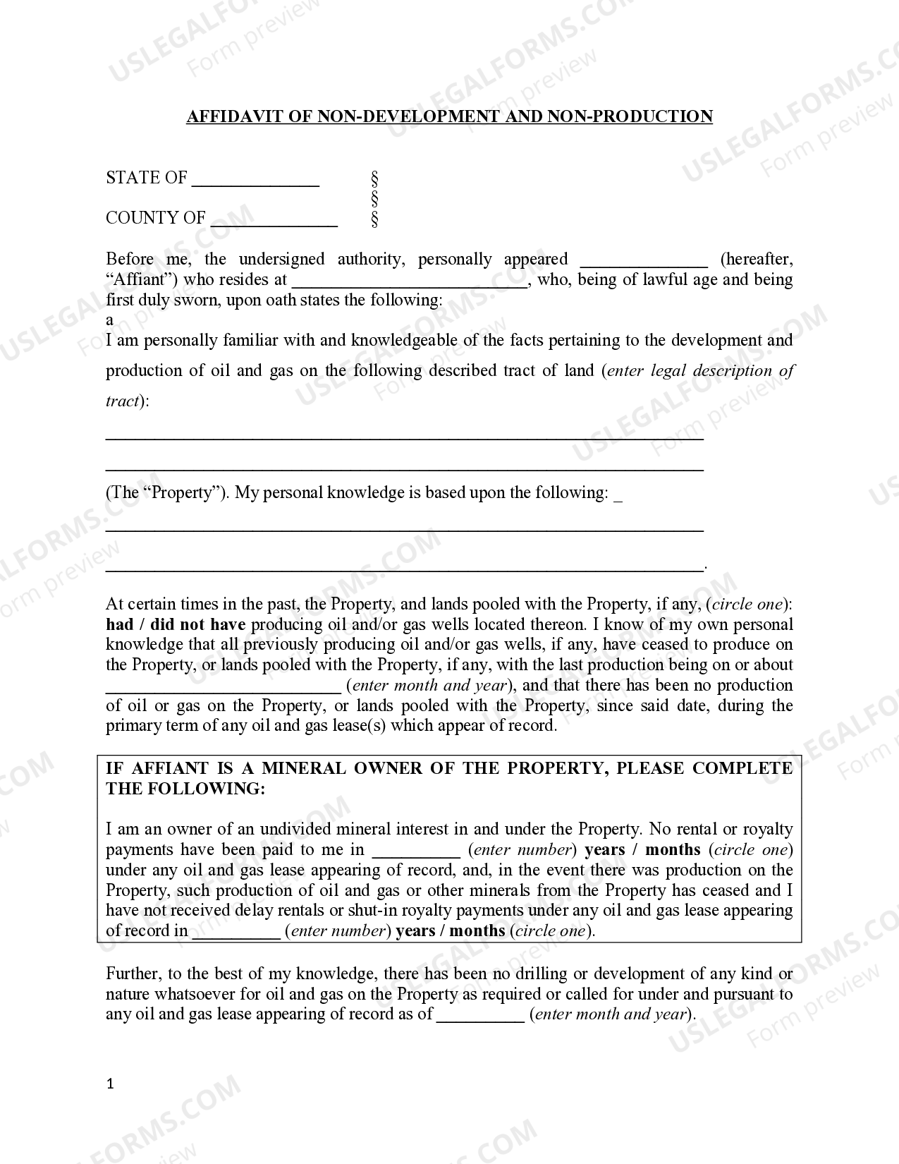 Affidavit of Non-Development and Non- Production | US Legal Forms
