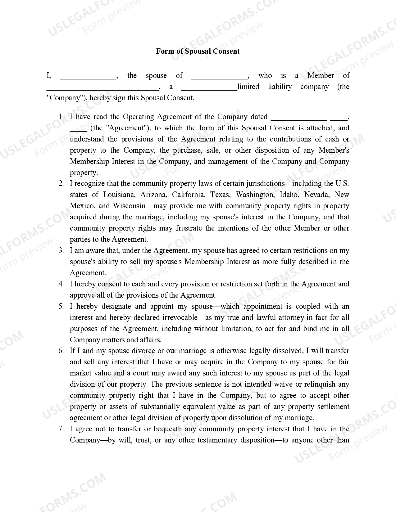 Form of Spousal Consent | US Legal Forms