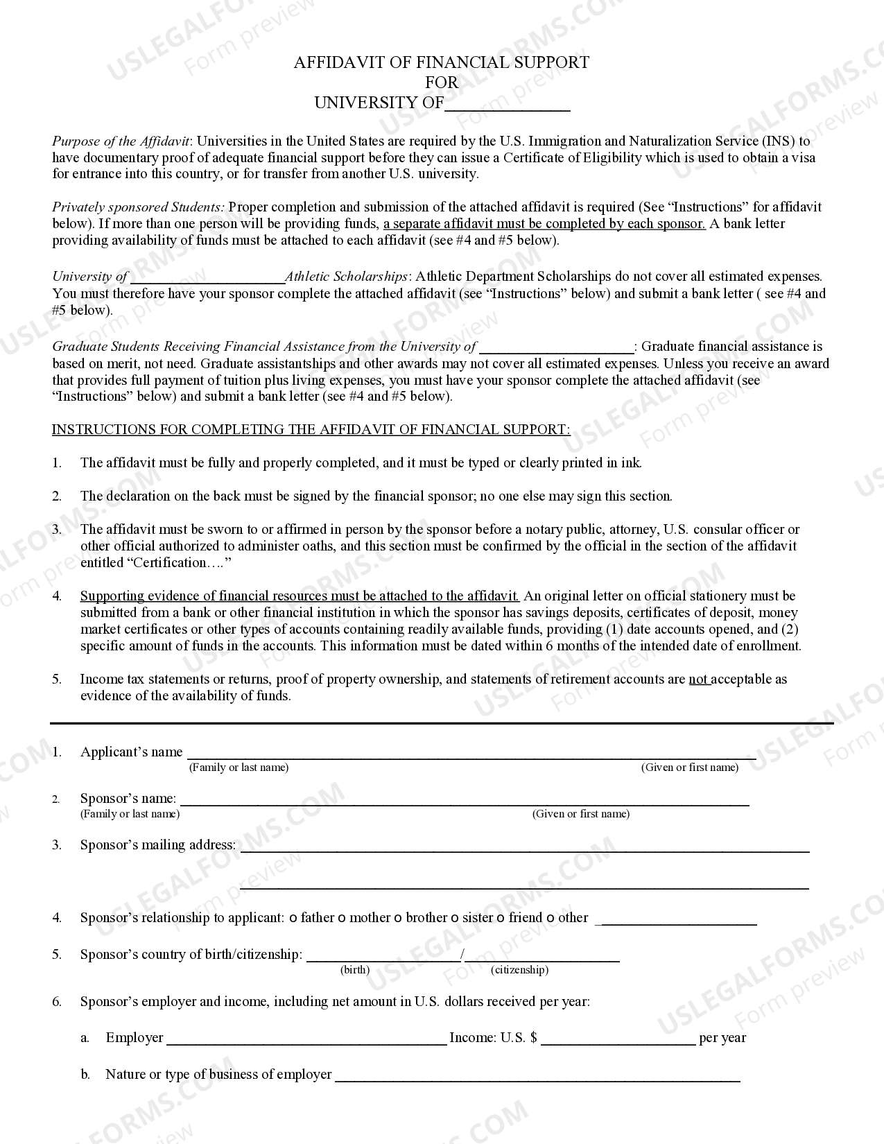 Affidavit of Financial Support for Universities | US Legal Forms