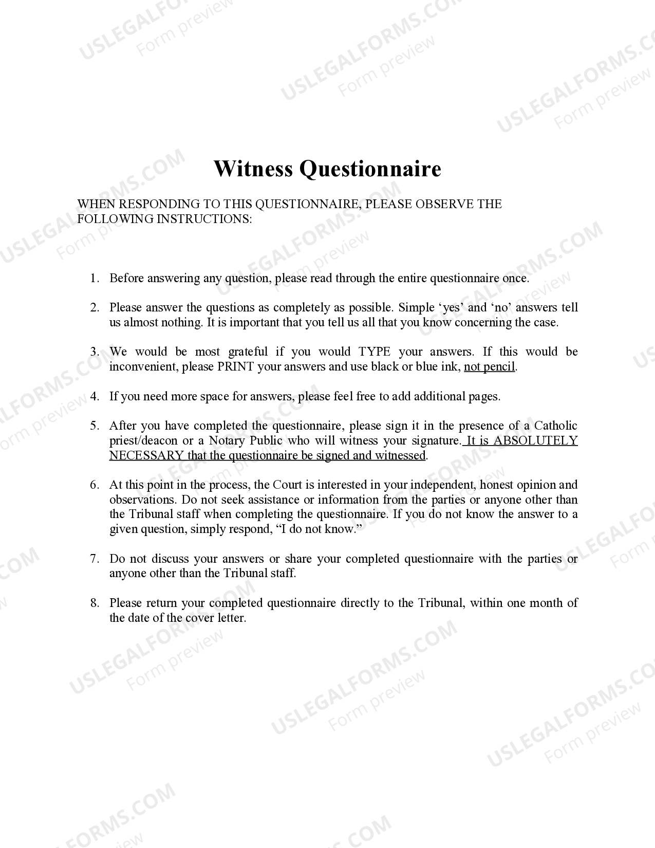 Witness Questionnaire | US Legal Forms