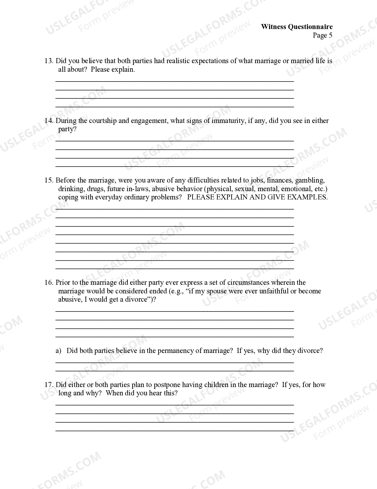 Witness Questionnaire | US Legal Forms