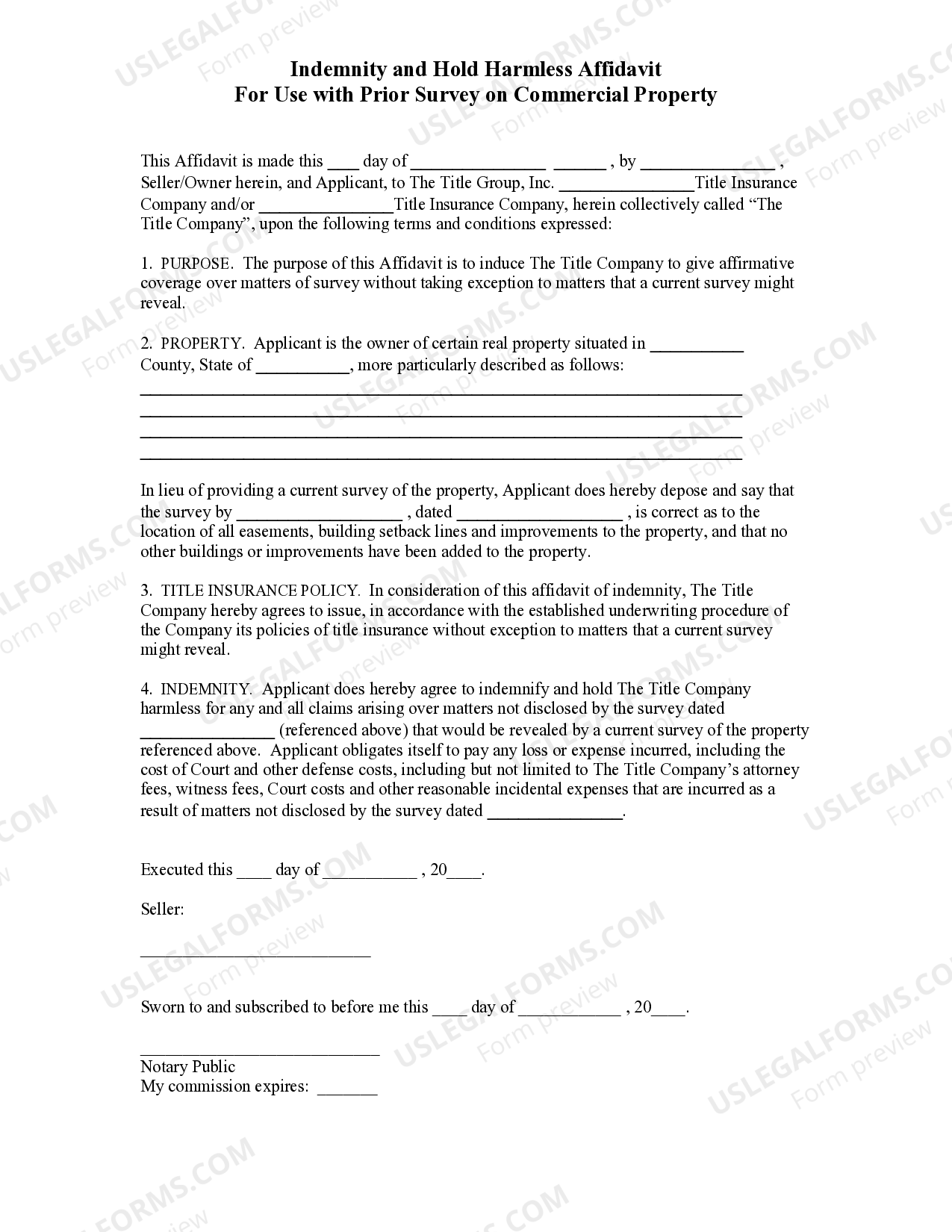 Indemnity and Hold Harmless Affidavit for Use with Prior Survey on Commercial Property | US ...