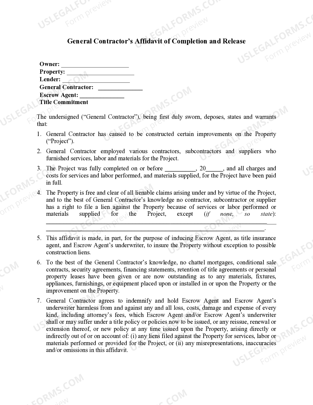 General Contractor's Affidavit of Completion and Release | US Legal Forms