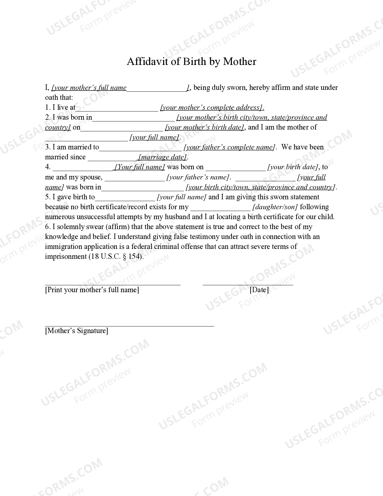 Affidavit of Birth by Mother | US Legal Forms