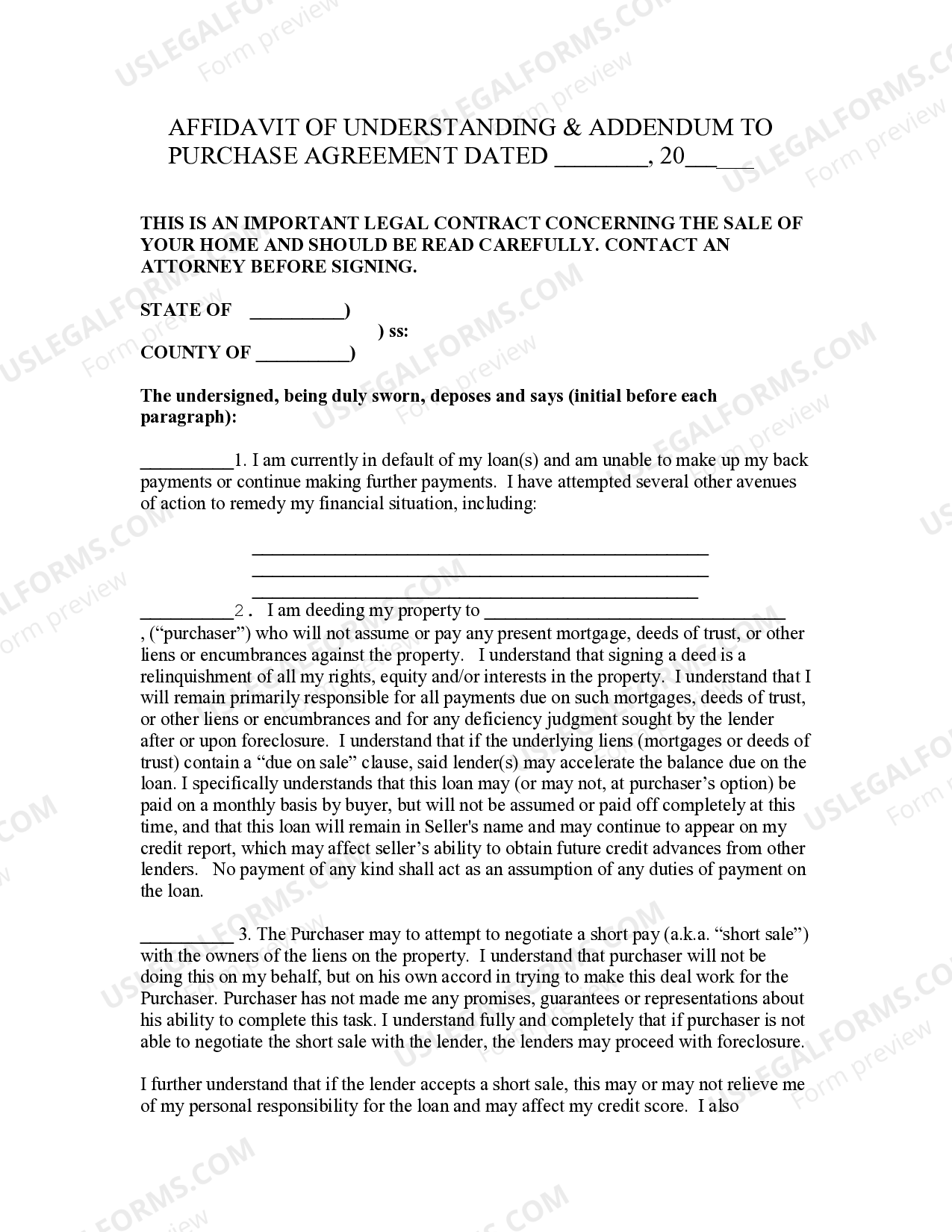 Affidavit of Understanding & Addendum to Purchase Agreement | US Legal ...