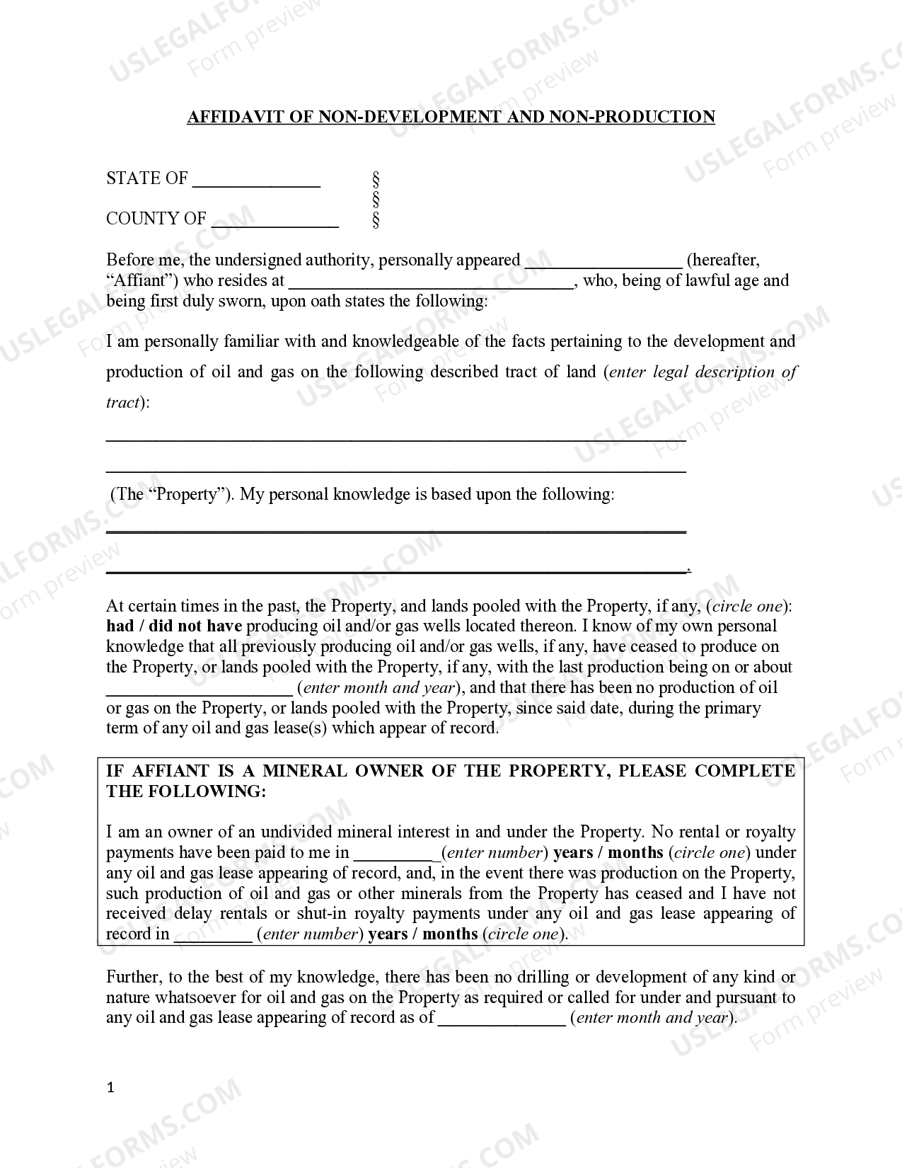 Affidavit of Non-Development and Non-Production | US Legal Forms
