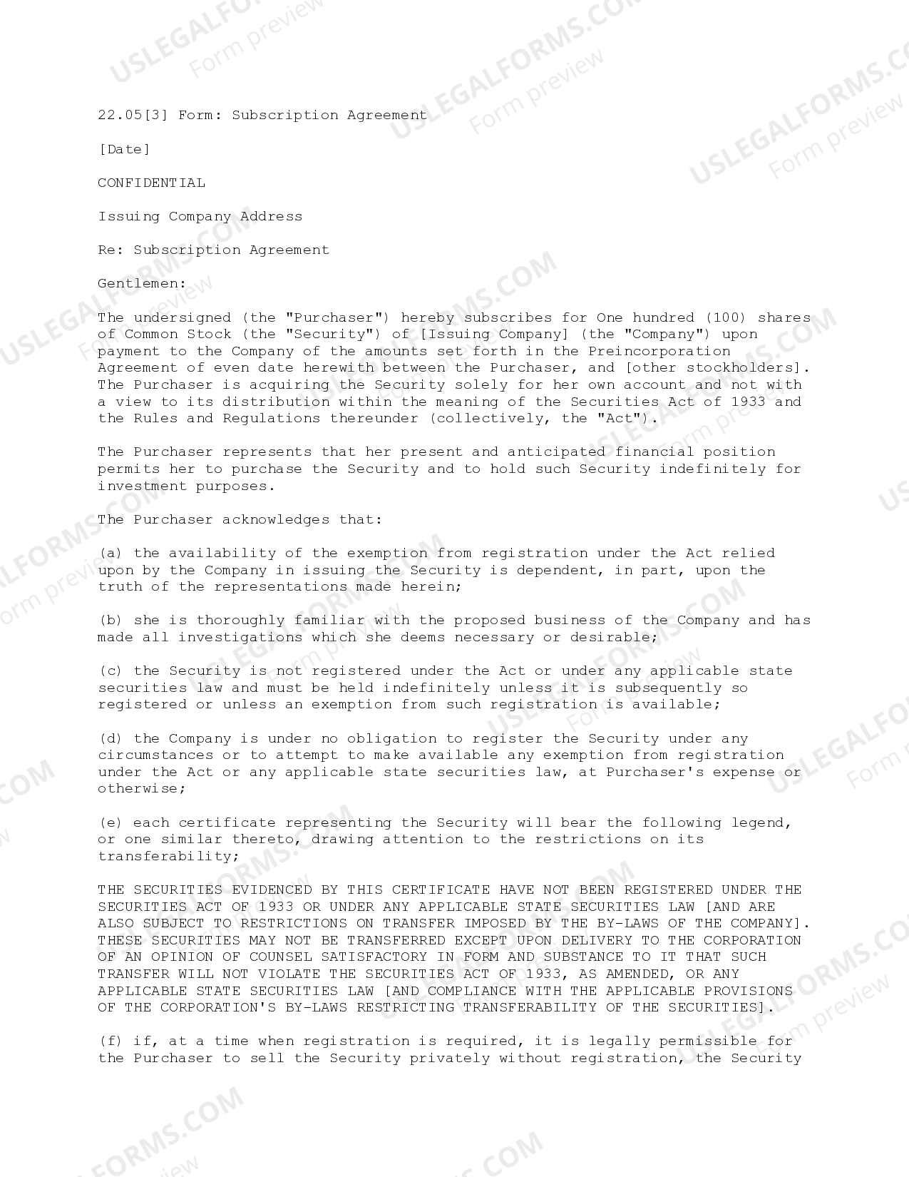 Subscription Agreement - Short | US Legal Forms