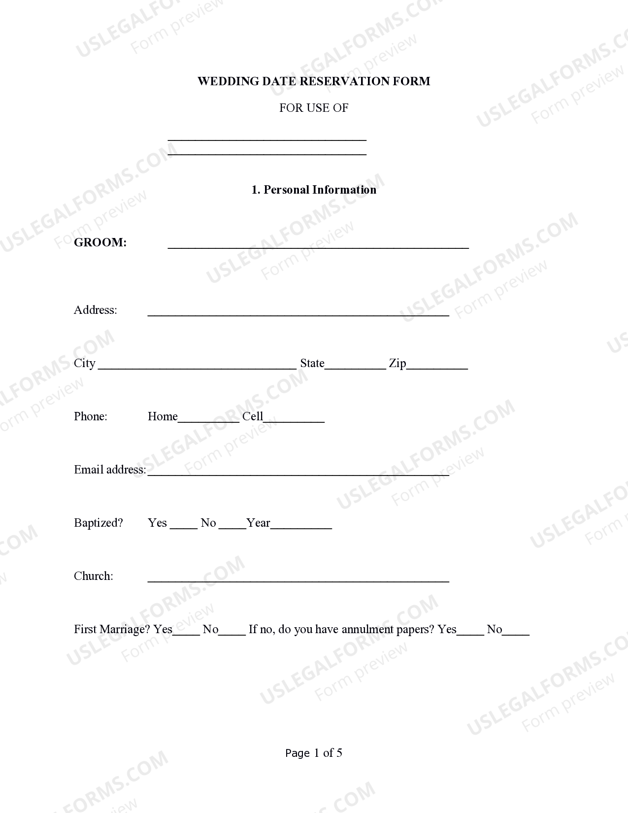 Wedding Date Reservation Form | US Legal Forms
