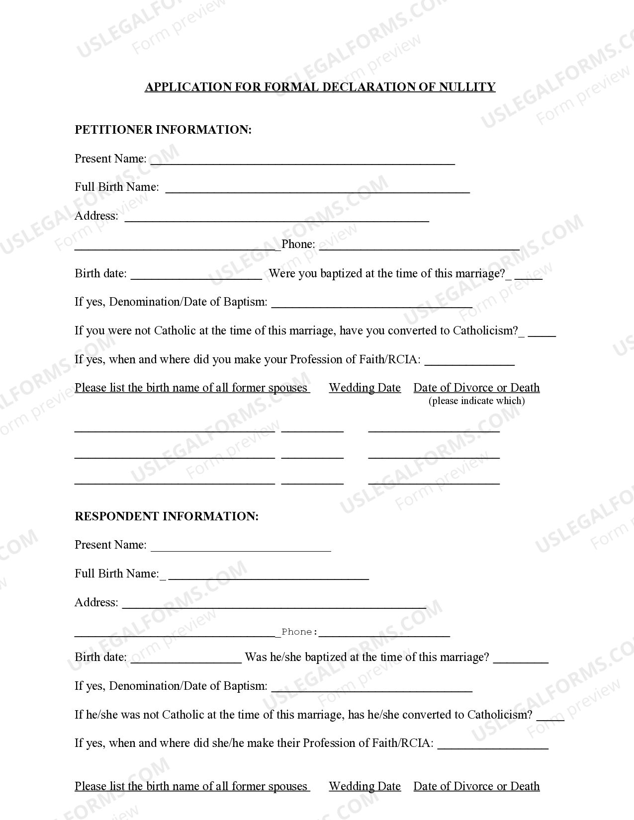 Petition for a Church Declaration of Invalidity | US Legal Forms