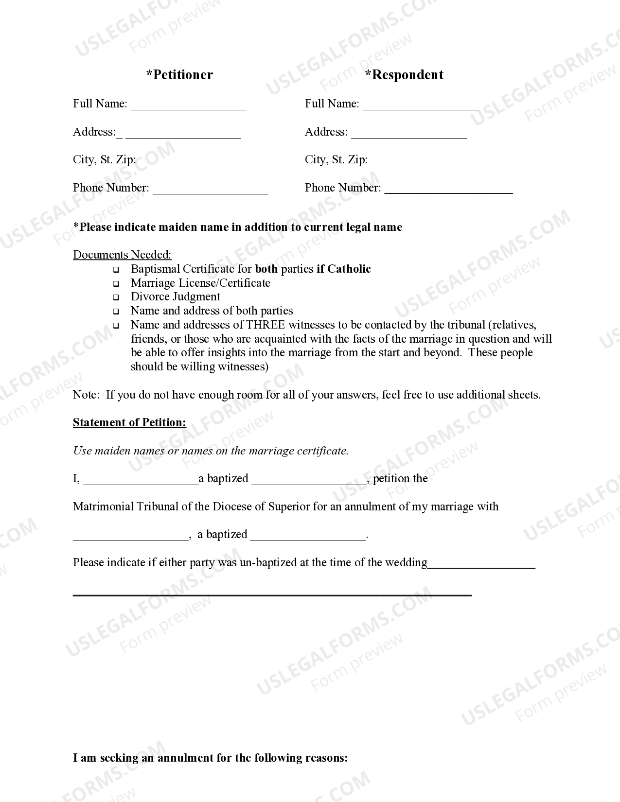 Petition for a Church Declaration of Invalidity | US Legal Forms