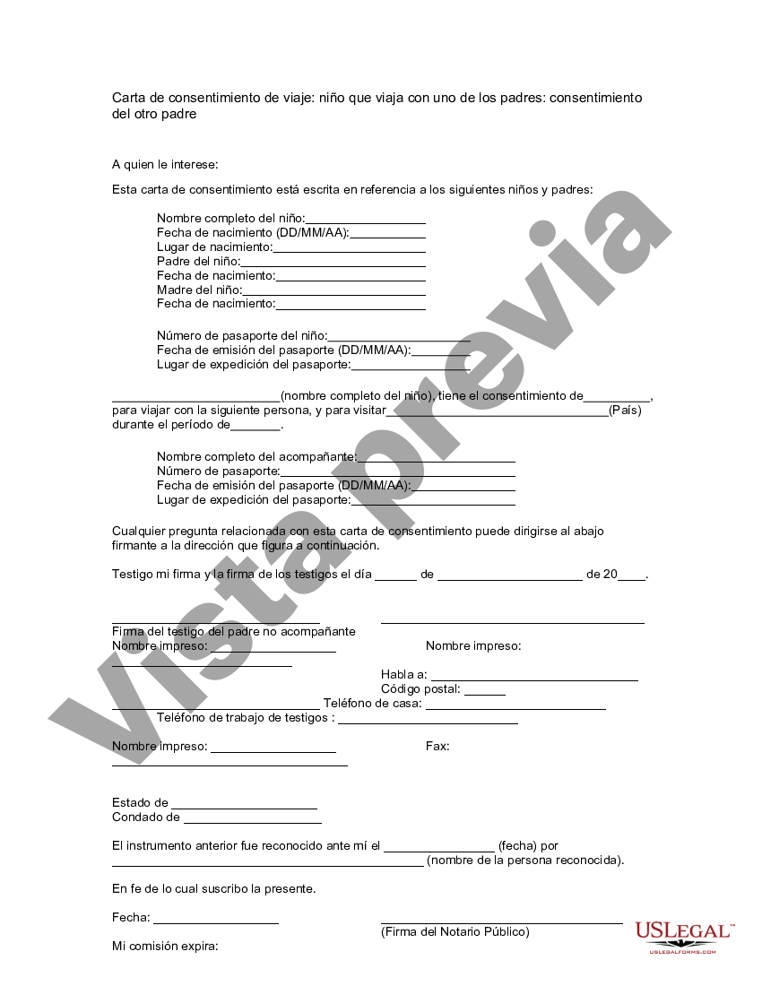 Chicago Illinois Formularios de consentimiento de viaje: niño o niños ...