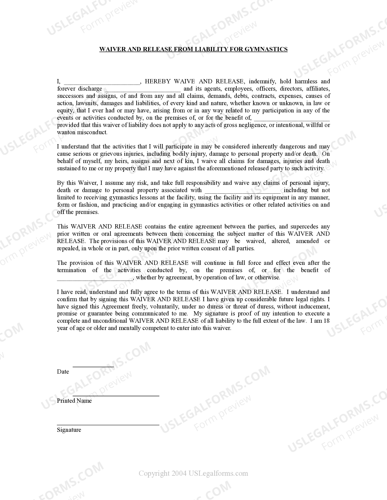 Kentucky Waiver and Release From Liability For Adult for Gymnastics ...