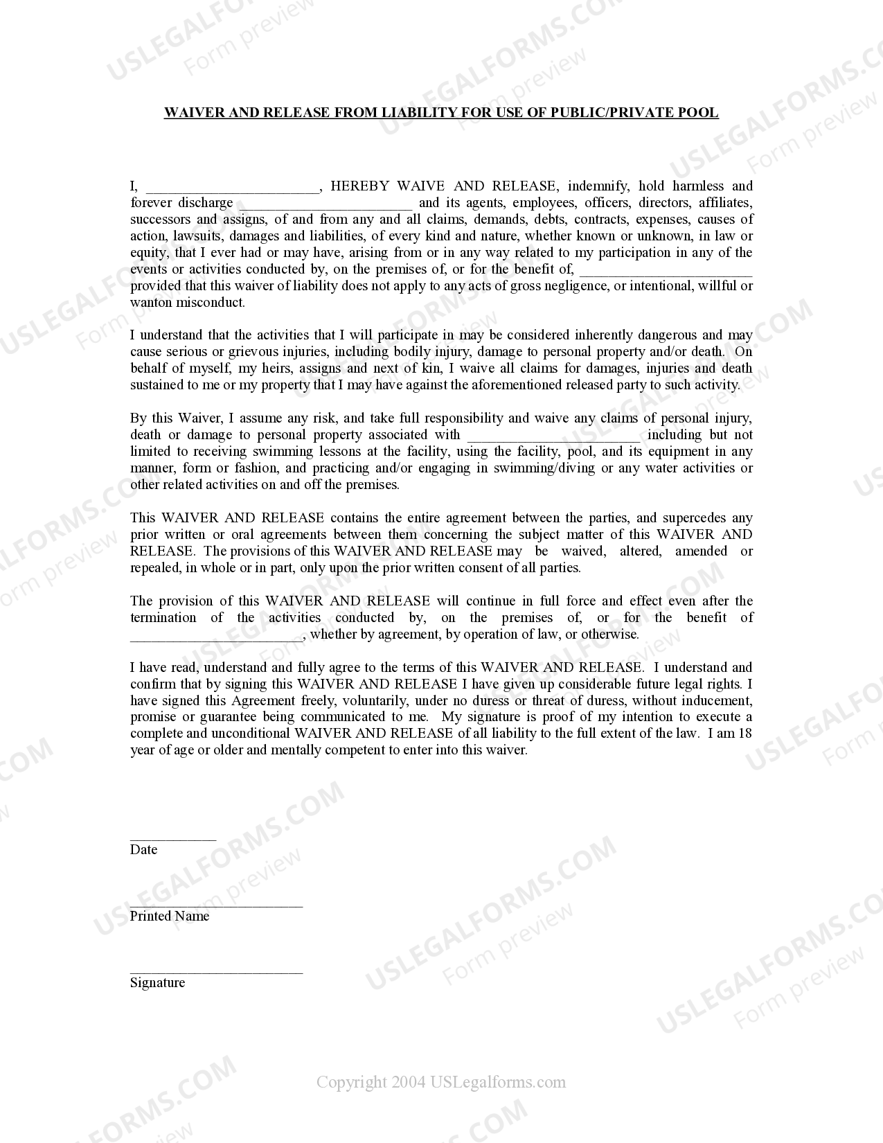 Illinois Waiver and Release From Liability For Adult for Pool - Waiver ...