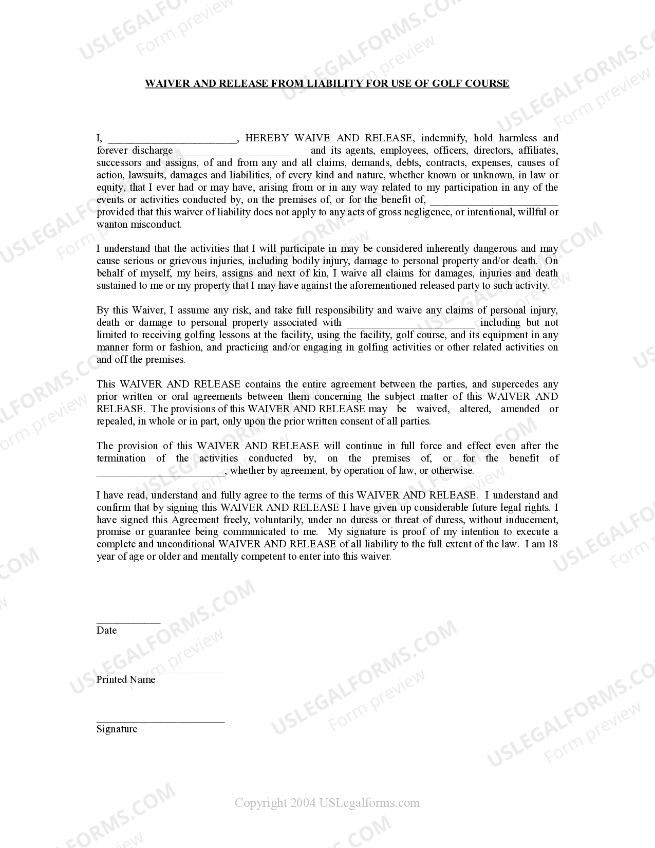 Georgia Waiver and Release From Liability For Adult for Golf Course ...