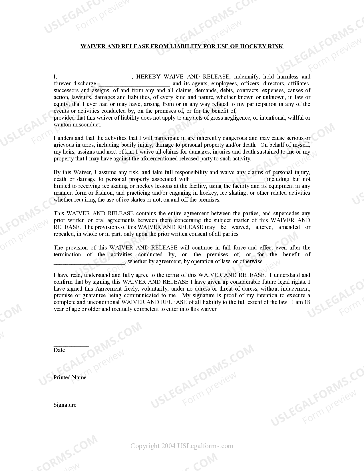 Michigan Waiver and Release From Liability For Adult for Hockey Rink ...
