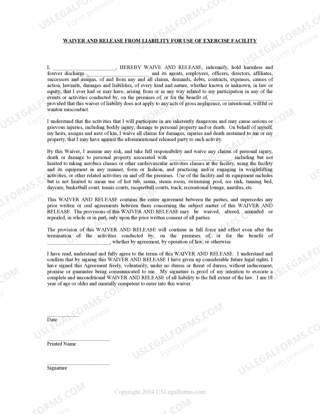 Pennsylvania Waiver and Release From Liability For Adult for Exercise ...