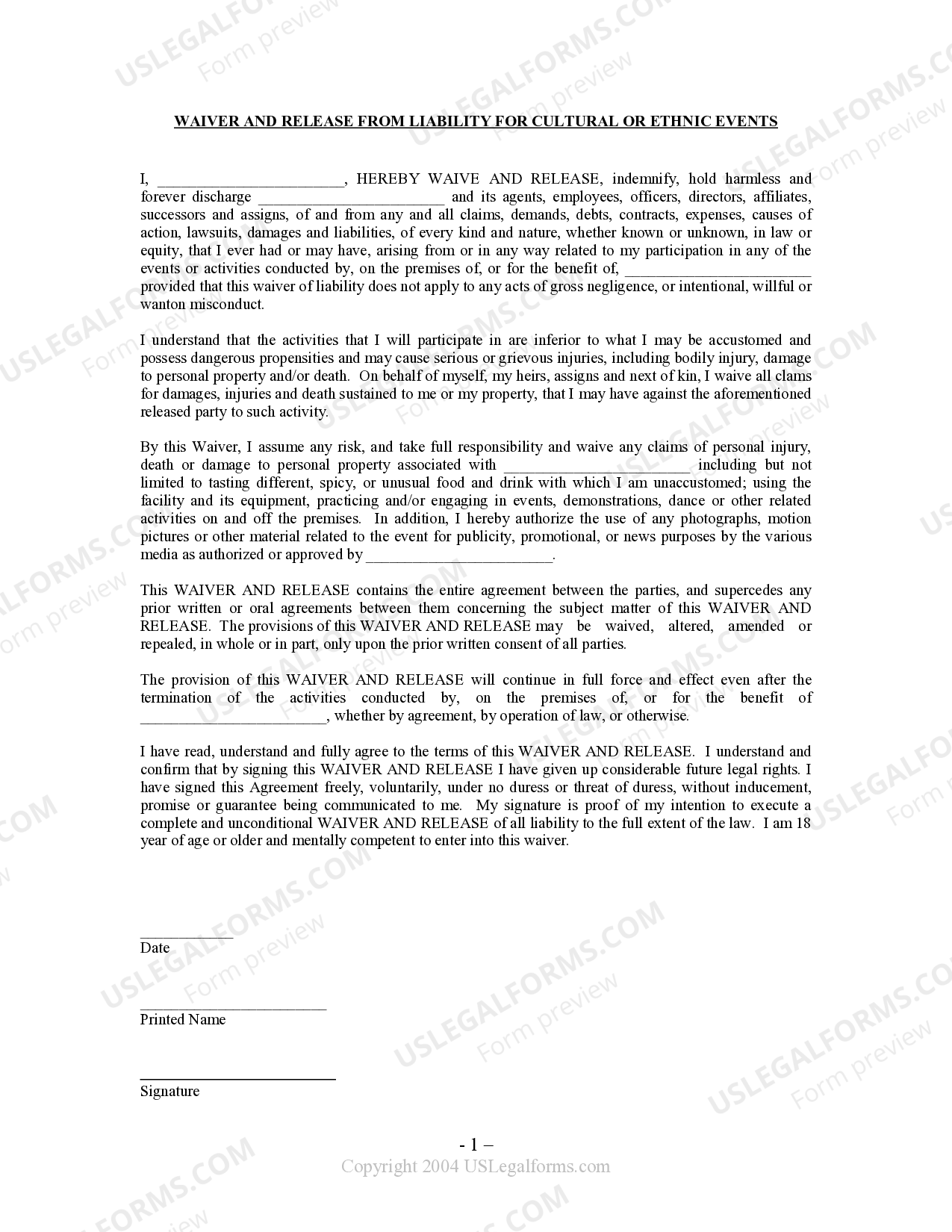 Illinois Waiver and Release From Liability For Adult for Cultural and ...