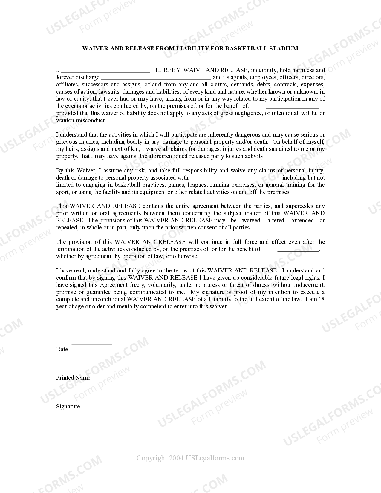 New Mexico Waiver and Release From Liability For Adult for Basketball ...