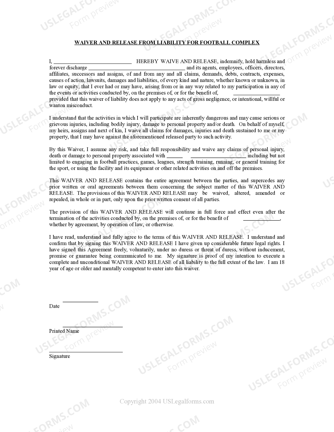 New Jersey Waiver and Release From Liability For Adult for Football ...