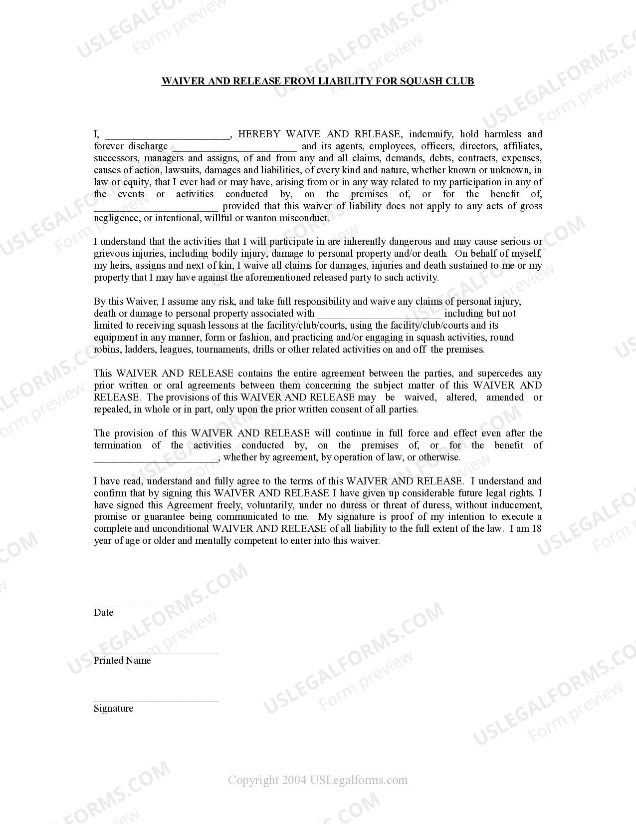 Delaware Waiver and Release From Liability For Adult for Squash Club ...