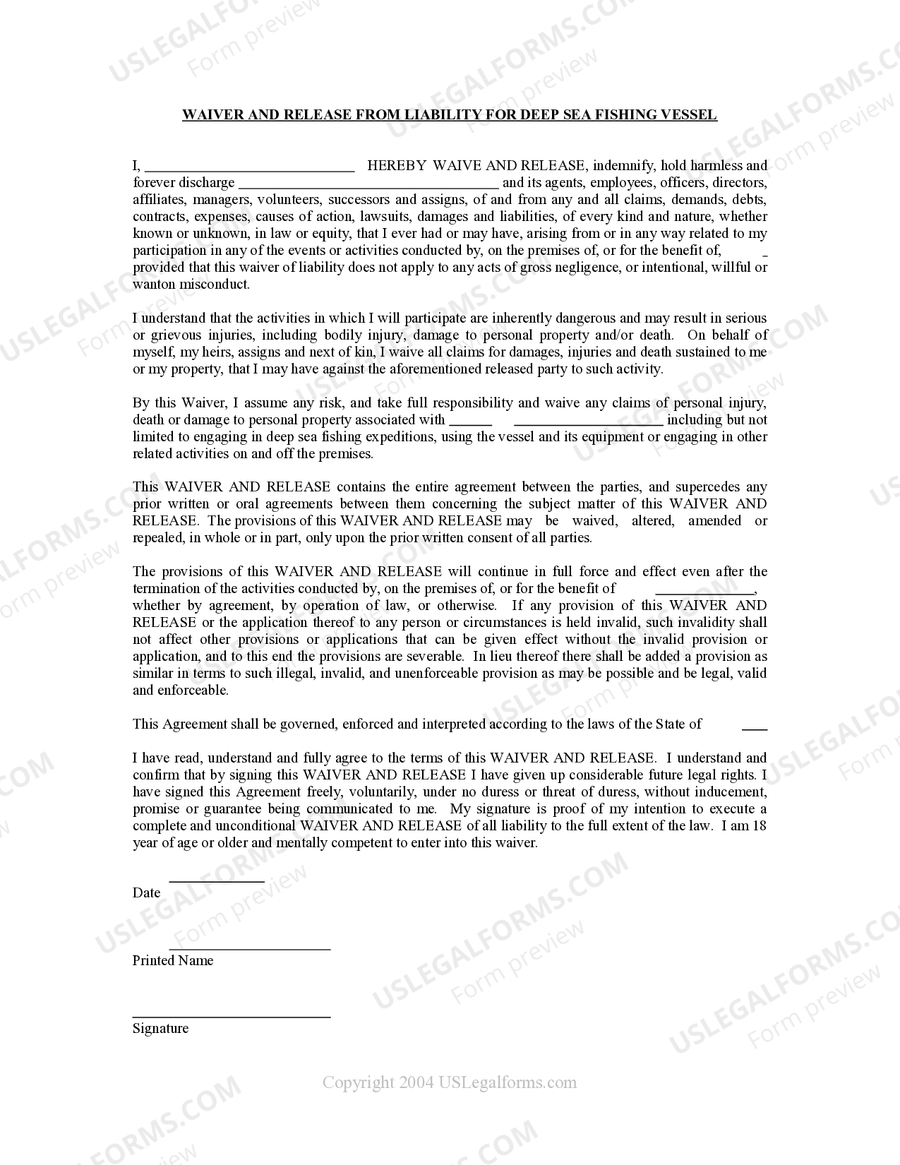 Tennessee Waiver and Release From Liability For Adult for Deep Sea ...
