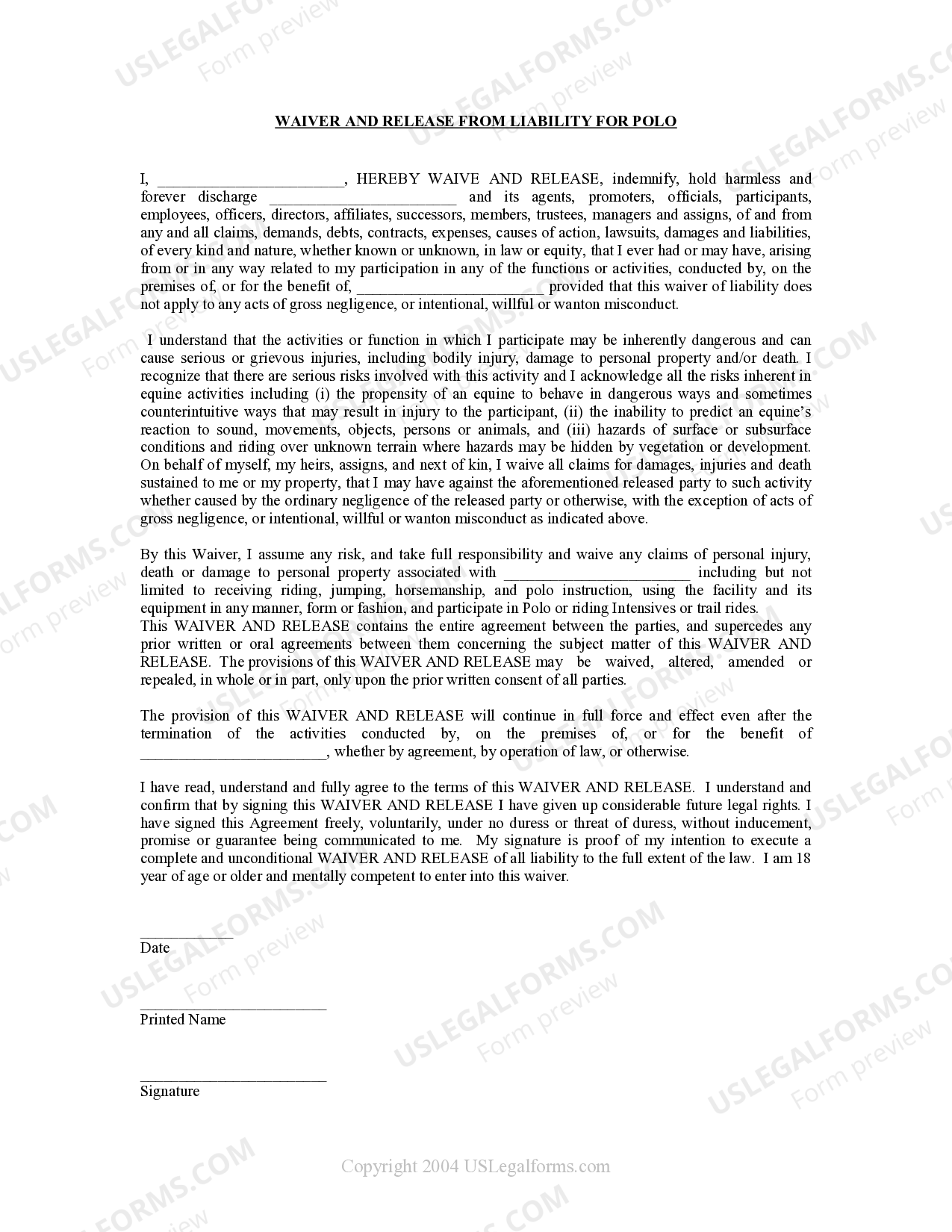 Pennsylvania Waiver and Release From Liability For Adult for Polo | US ...