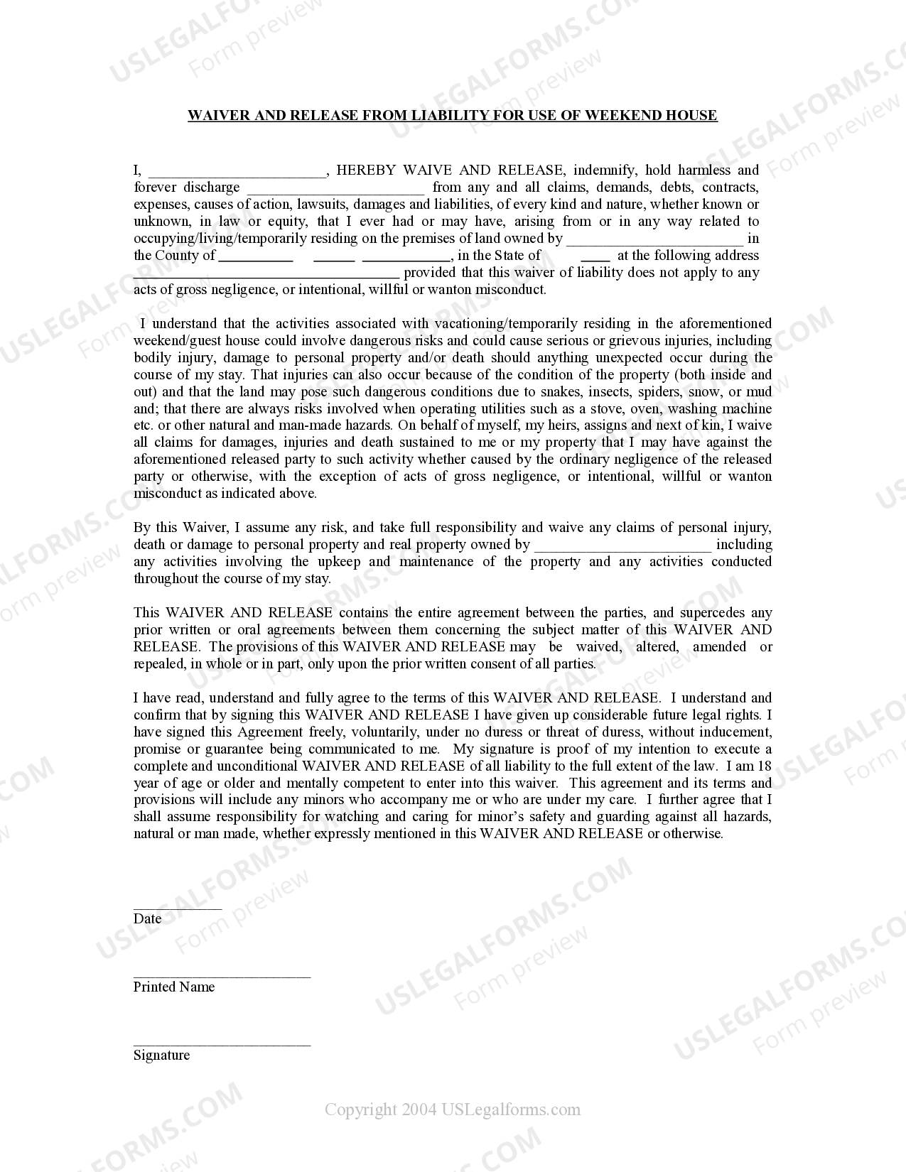 Alaska Waiver and Release From Liability For Adult for Weekend House ...