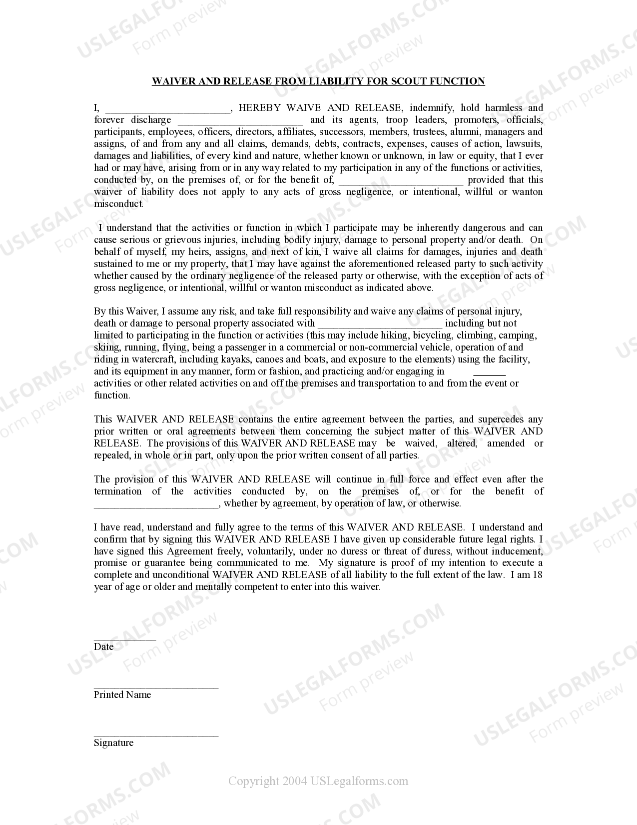 Florida Waiver and Release From Liability For Adult for Scout Function ...