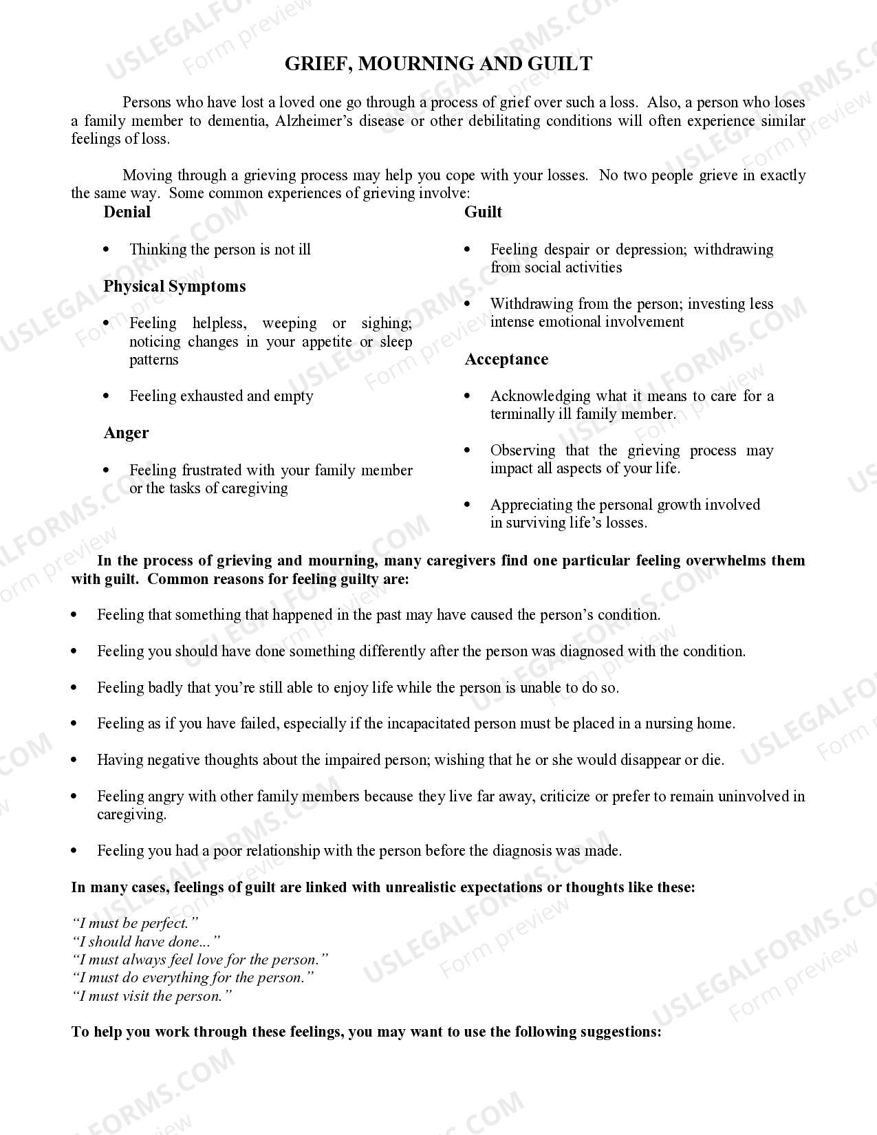 Handout for Grief, Mourning and Guilt | US Legal Forms