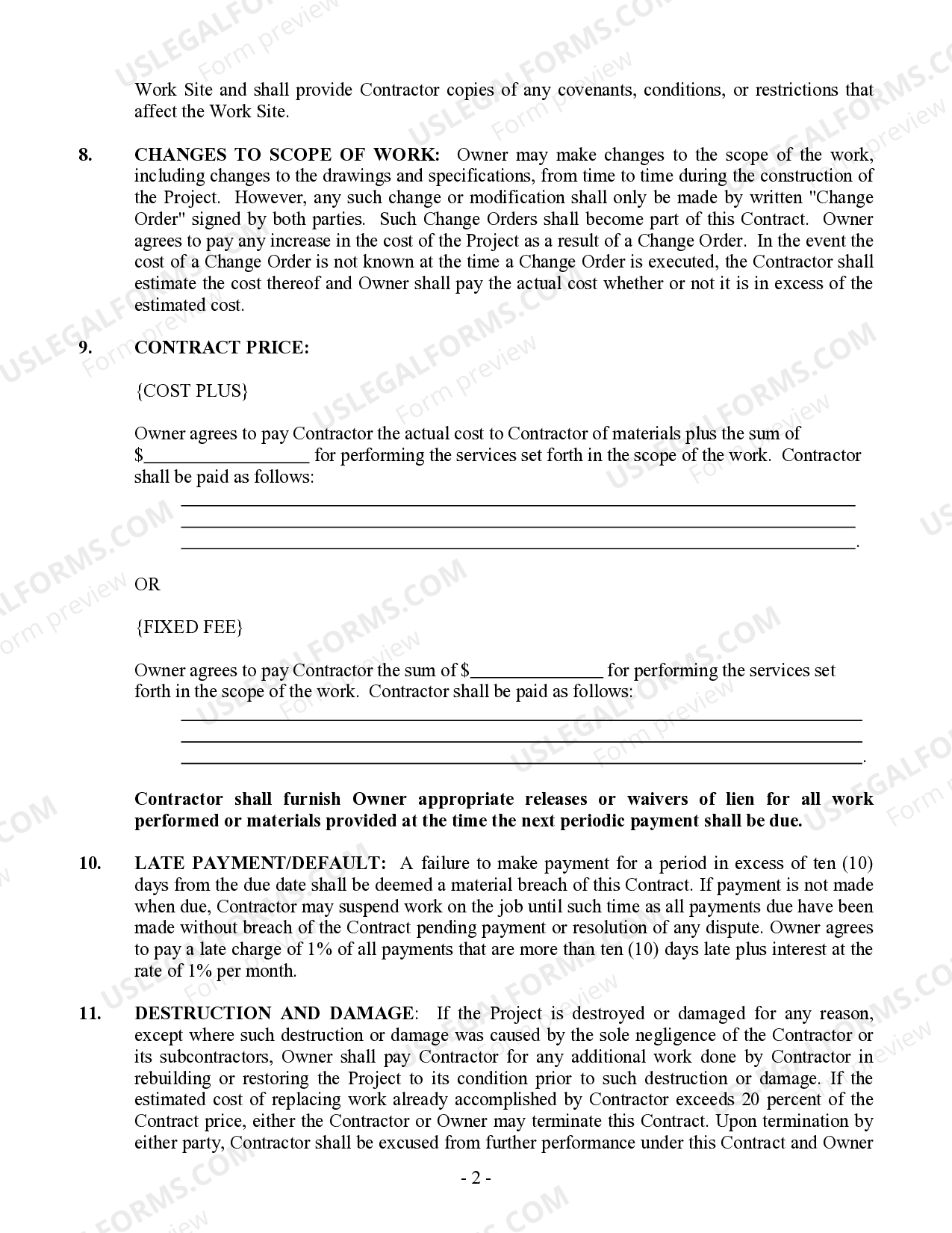 Cost Plus Building Contract Template For Adults US Legal Forms