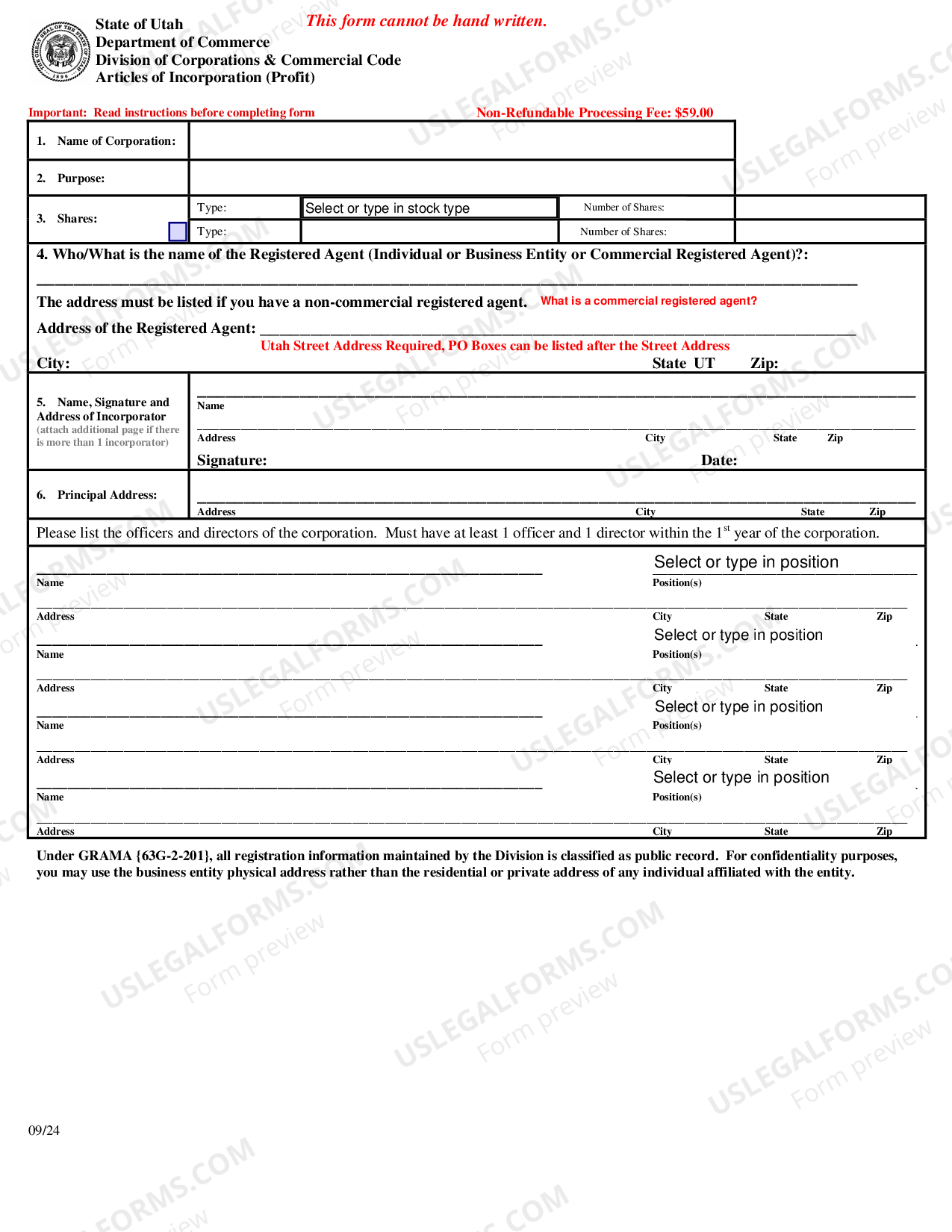Utah Articles of Incorporation for Domestic For - Articles Of ...