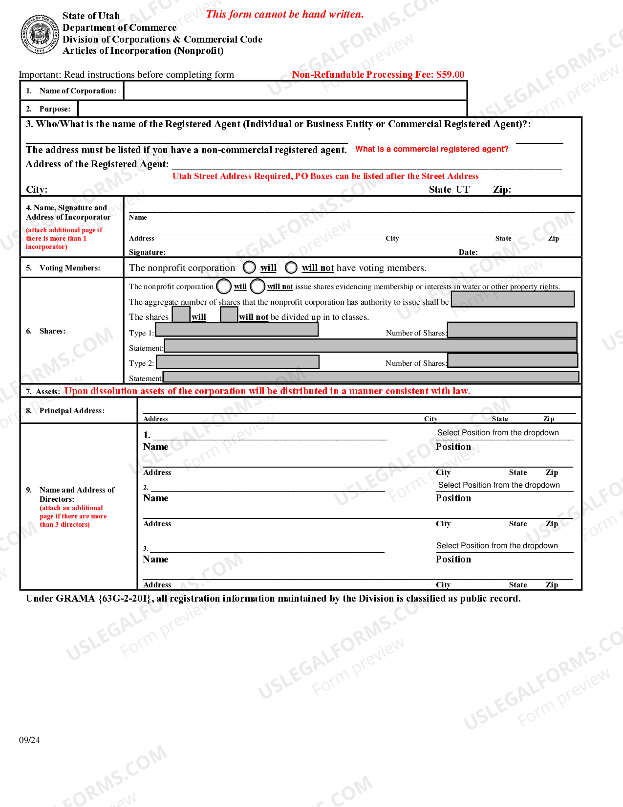 Utah Articles of Incorporation for Domestic Nonprofit Corporation ...